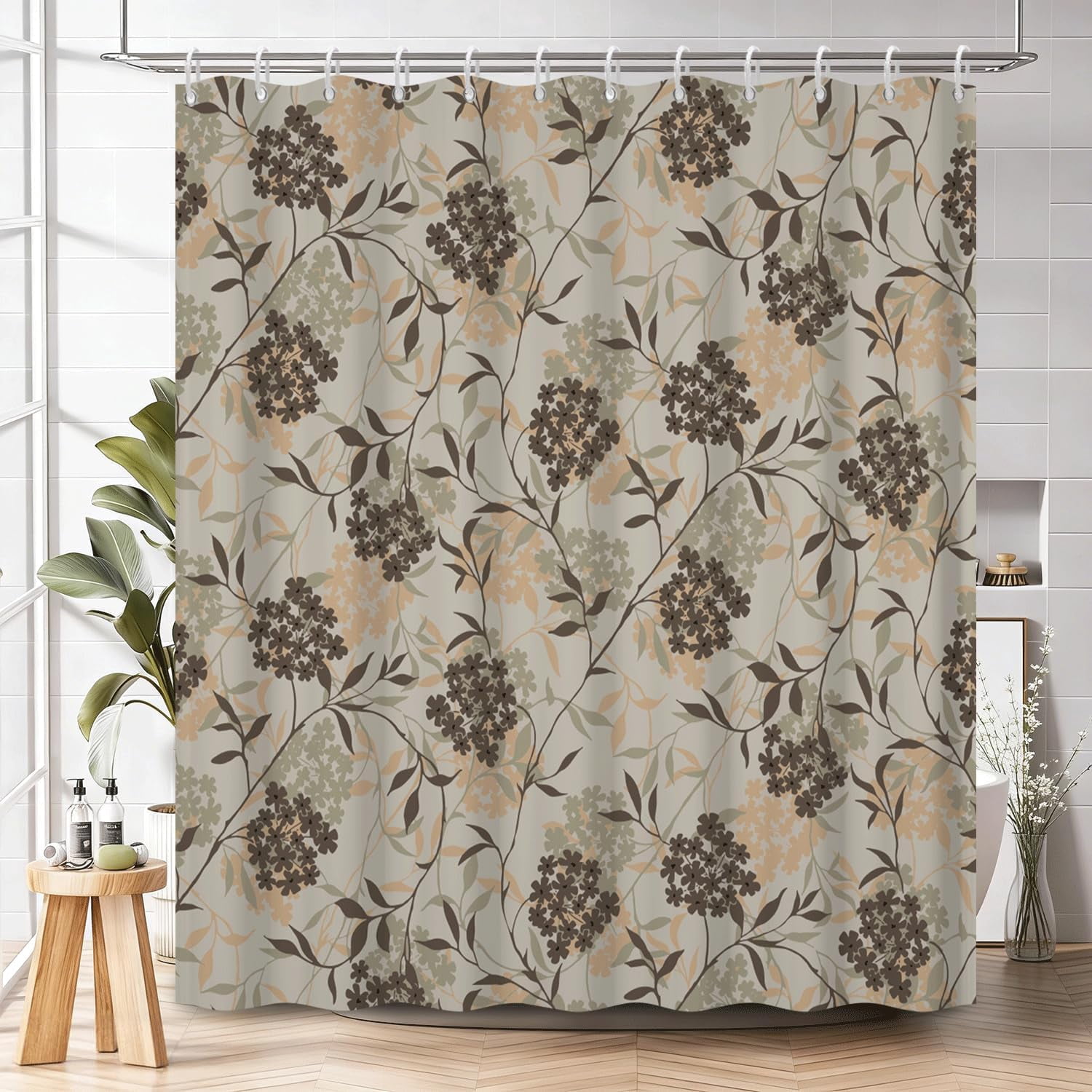 Botanical Shower Curtain with Hooks, Neutral Earth Tone Beige and Brown ...