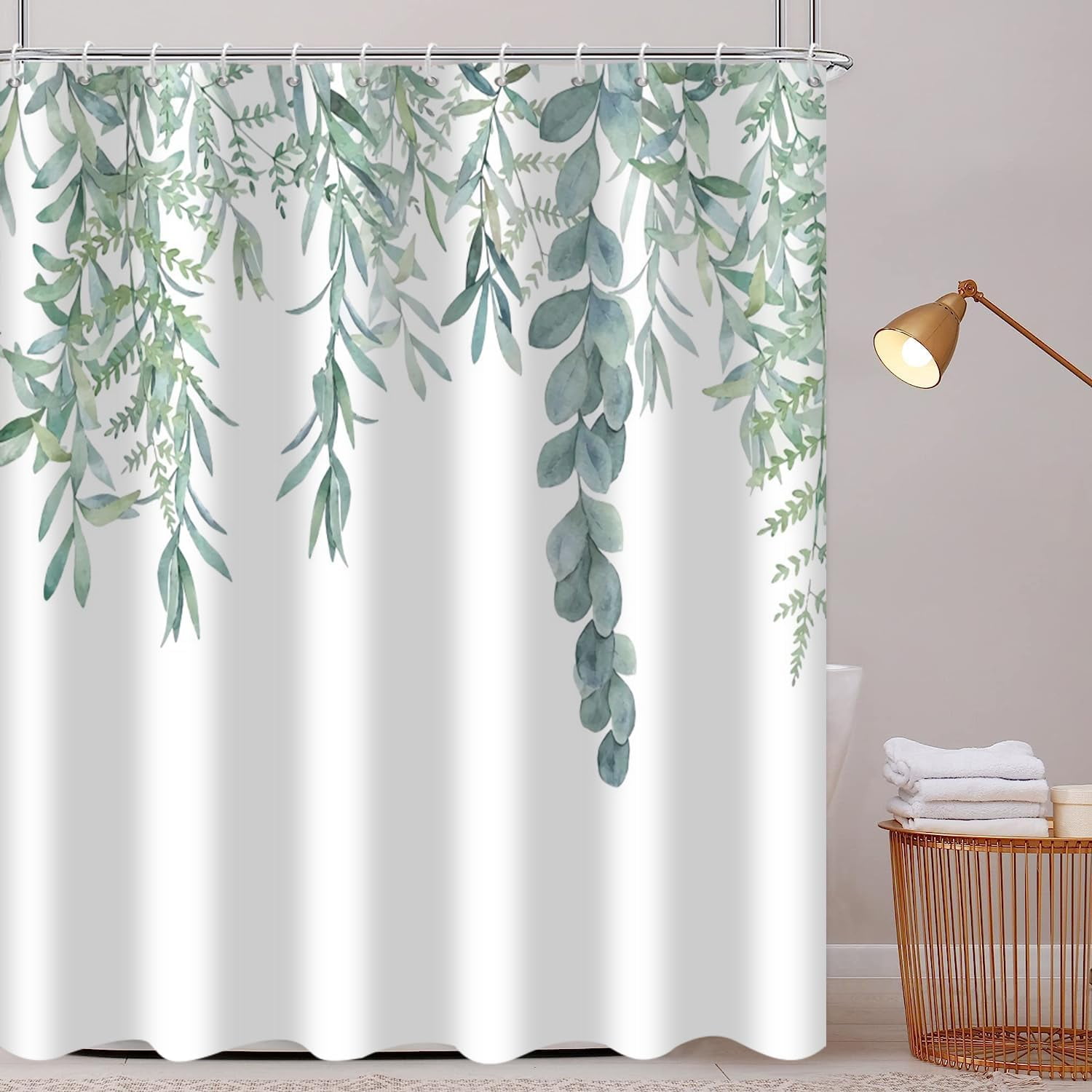 Botanical Shower Curtains, Watercolor Eucalyptus Leaf Plant Green ...