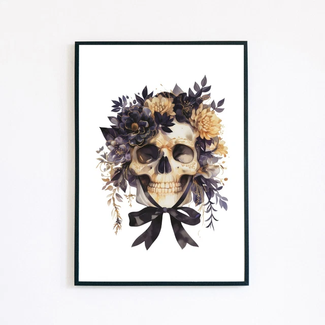 Botanical Skull Flower Goth Ribbon Tattoo Illustration 7X5 Wall Decor ...