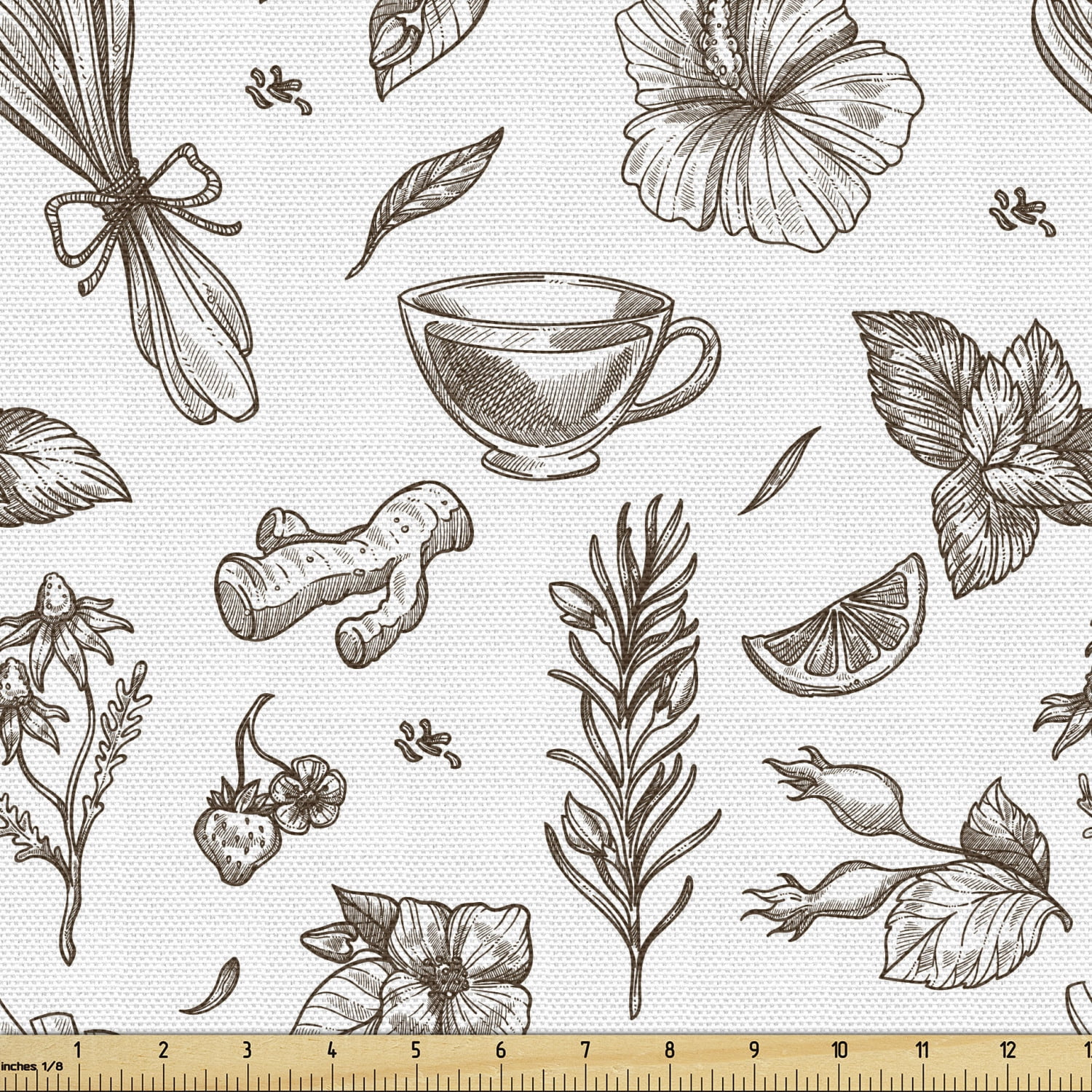 Botanical Sofa Upholstery Fabric by the Yard, Sketchy Herbs Pattern ...