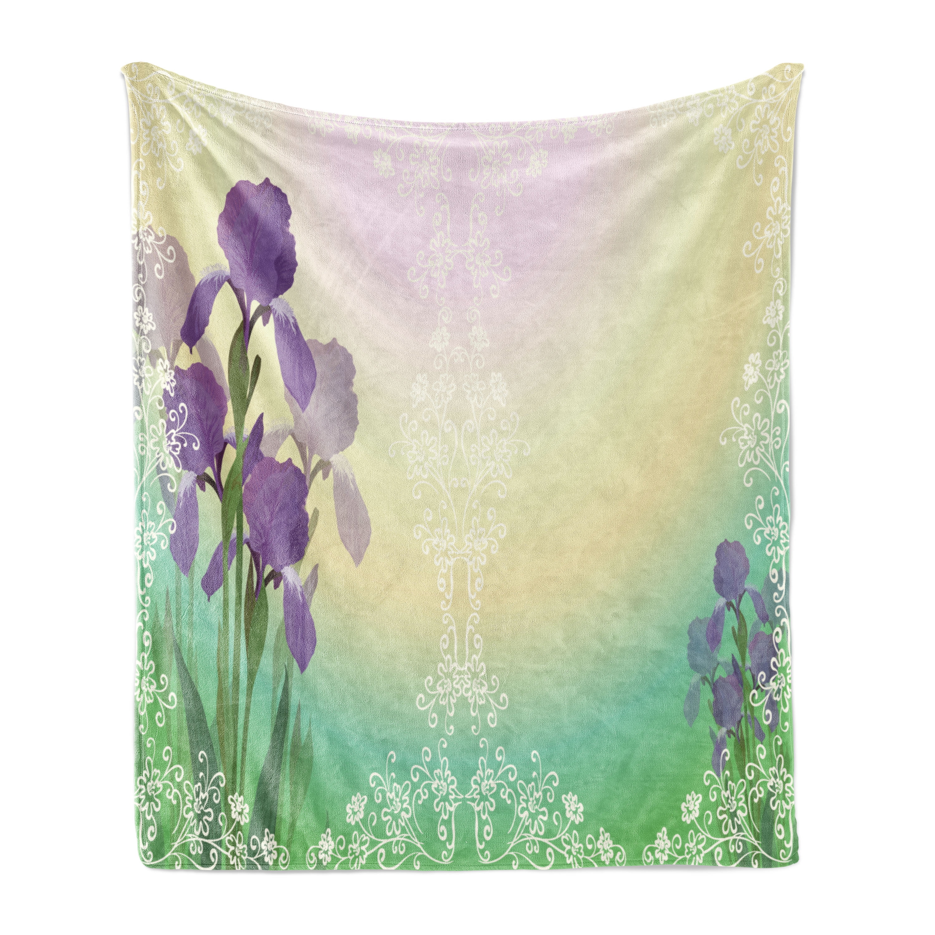 Botanical Soft Flannel Fleece Blanket, Blossoming Iris in Floral Frame on Dreamy Colors Bridal ...