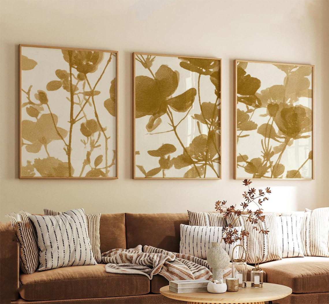 Botanical Soft Gold Floral Art Japandi Decor Set 3 Unframed Paper Print ...