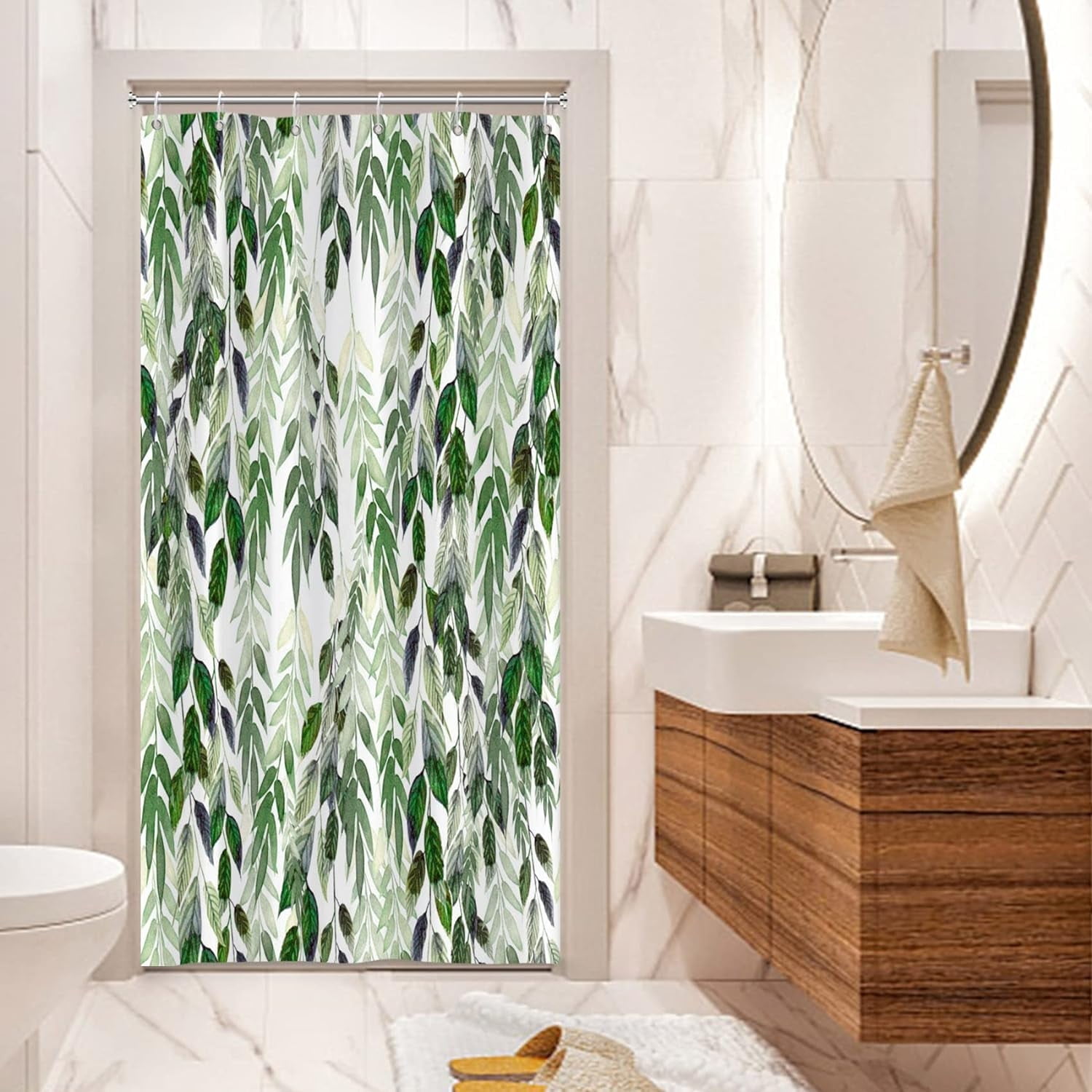 Botanical Stall Shower Curtain, Green Weeping Branches Leaves Plants ...