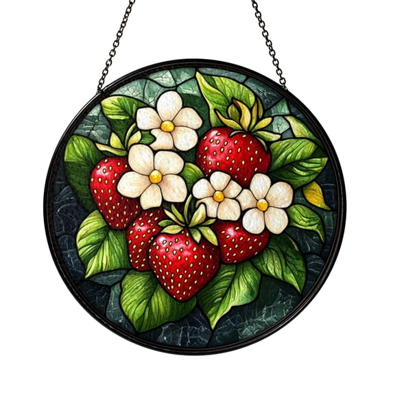 Botanical Strawberry Stained Glass Style Ornament, Round Window or Tree ...