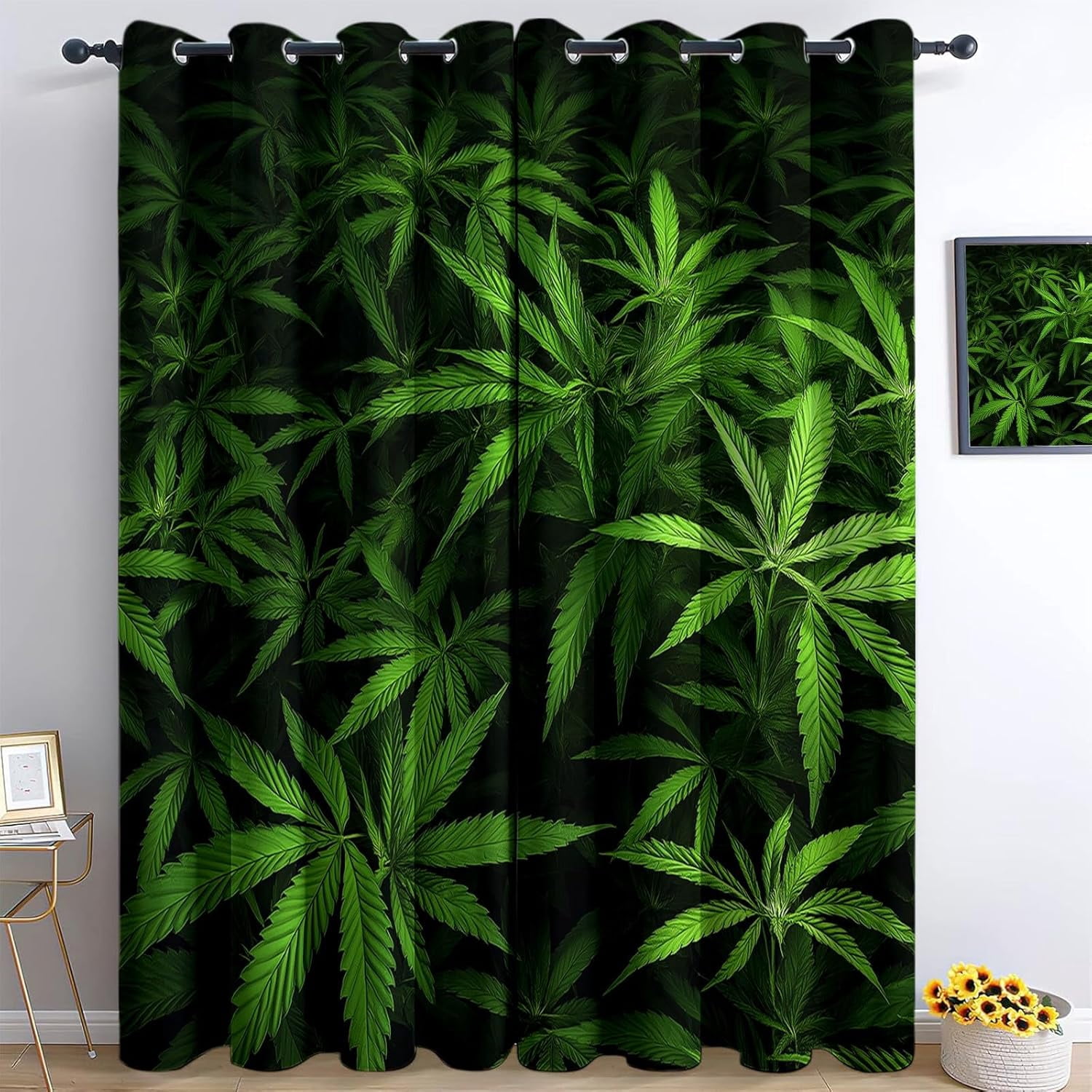 Botanical Stripe Blackout Curtains, Green Floral Leaf Pattern Window ...