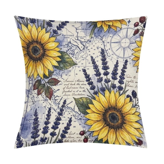 Botanical Sunflowers And Lavender on Vintage Map BackgroundFaux Linen ...