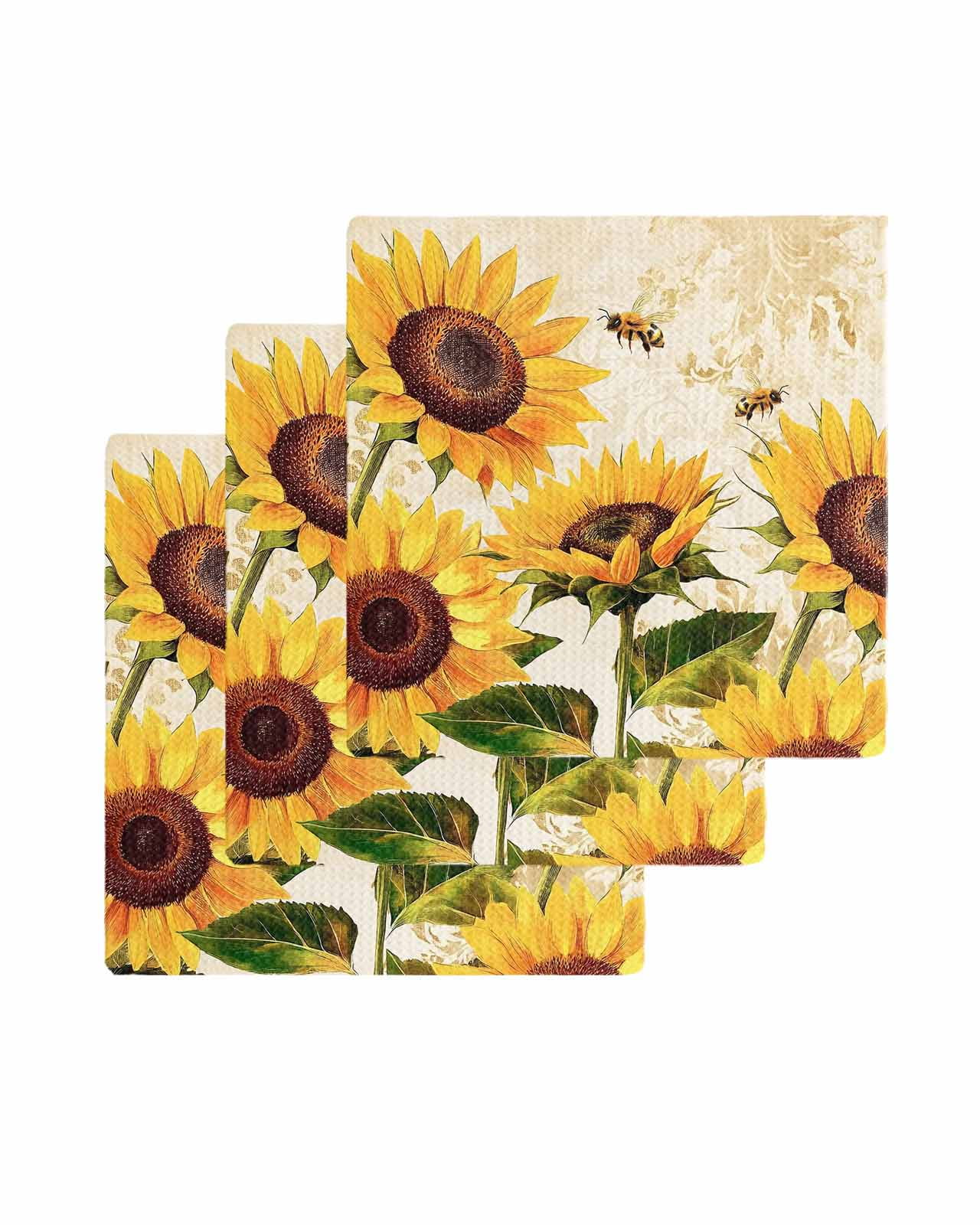 Botanical Sunflowers Kitchen Dish Towels for Drying Dishes Set of 3, Summer Garden Flowers Bees ...