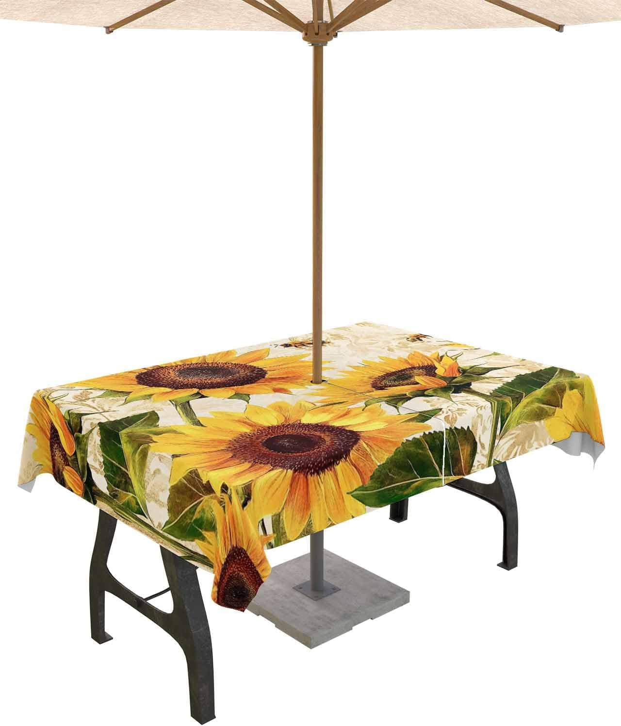 Botanical Sunflowers Outdoor Tablecloth with Umbrella Hole Rectangle ...