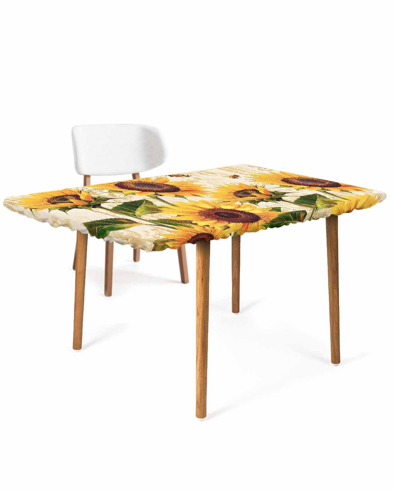 Botanical Sunflowers Rectangle Tablecloth, Waterproof Elastic Fitted ...