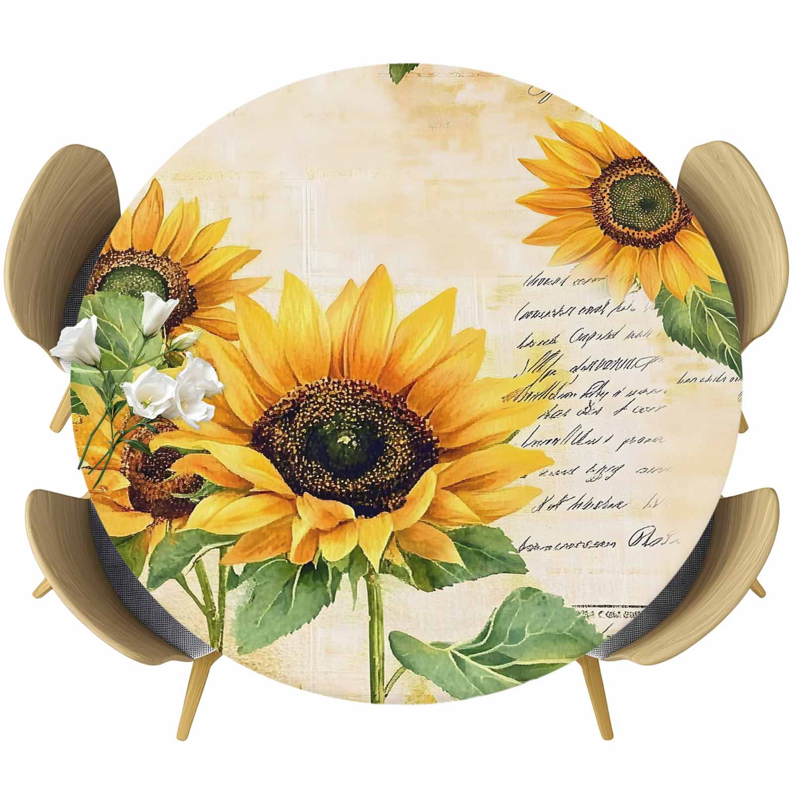 Botanical Sunflowers Round Tablecloth 36-44 Inch Round Fitted Table ...