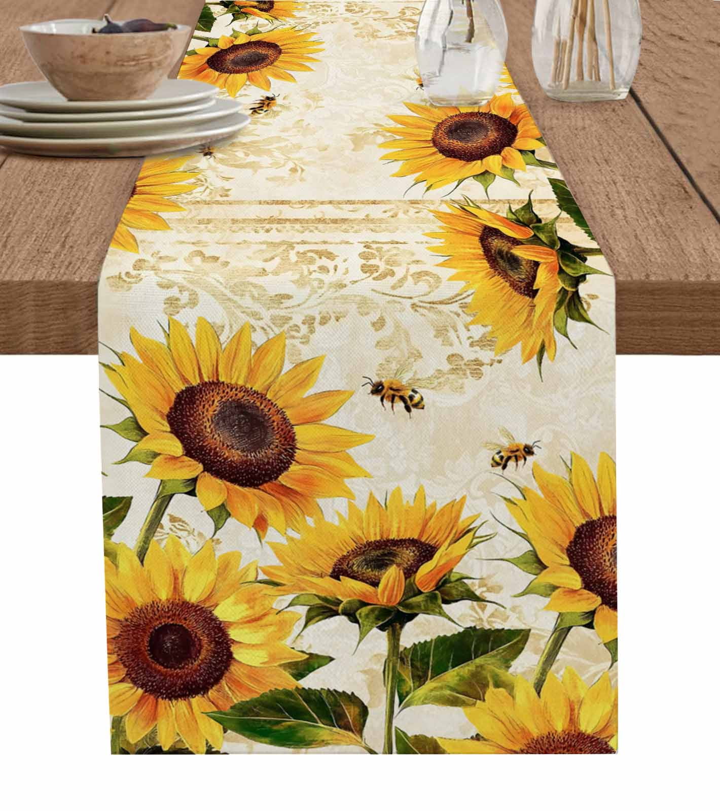 Botanical Sunflowers Table Runner 90 Inches, Summer Garden Flowers Bees Rustic Bed Runner ...