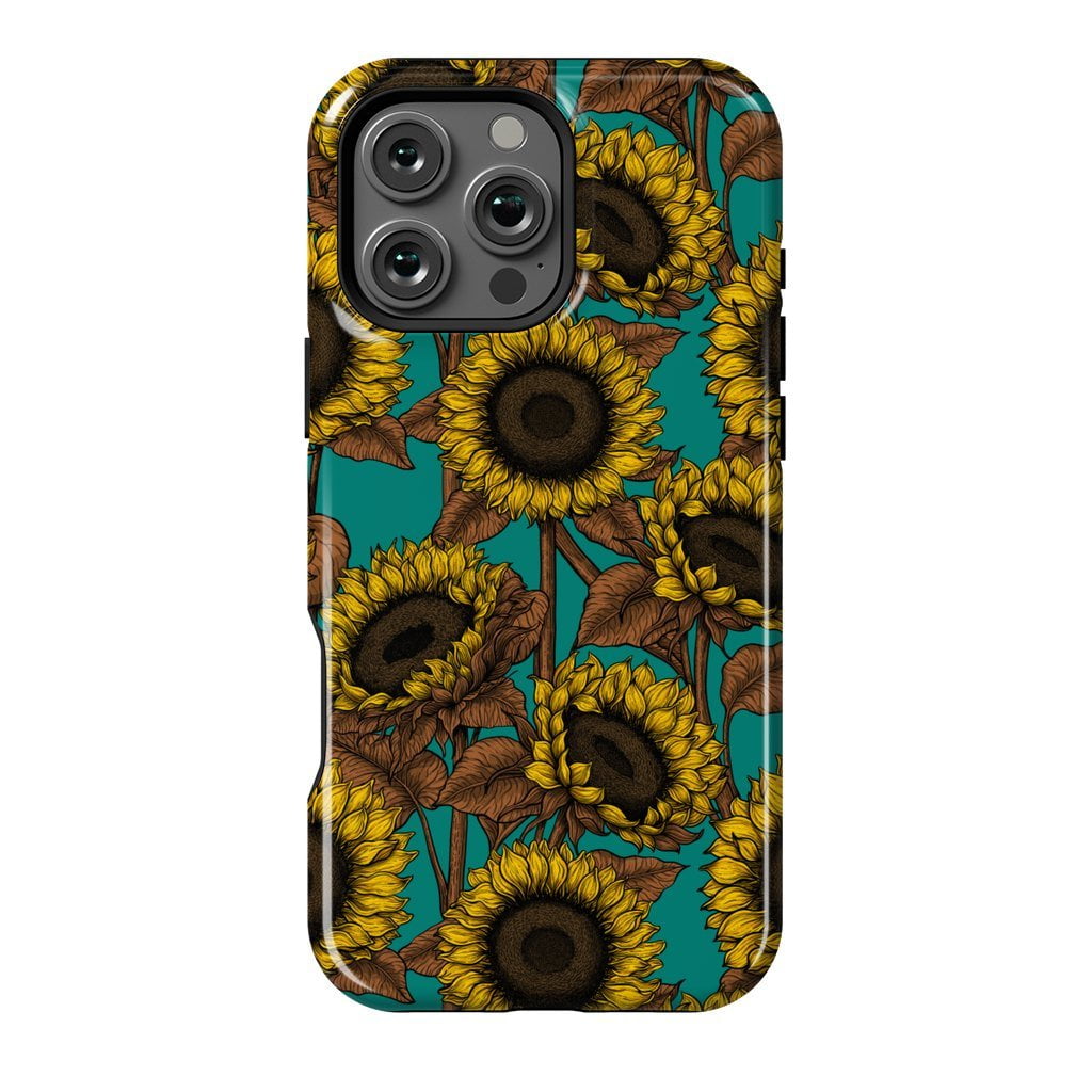 Botanical Sunflowers on Turquoise Phone Case for iPhone 11 12 13 14 15 ...