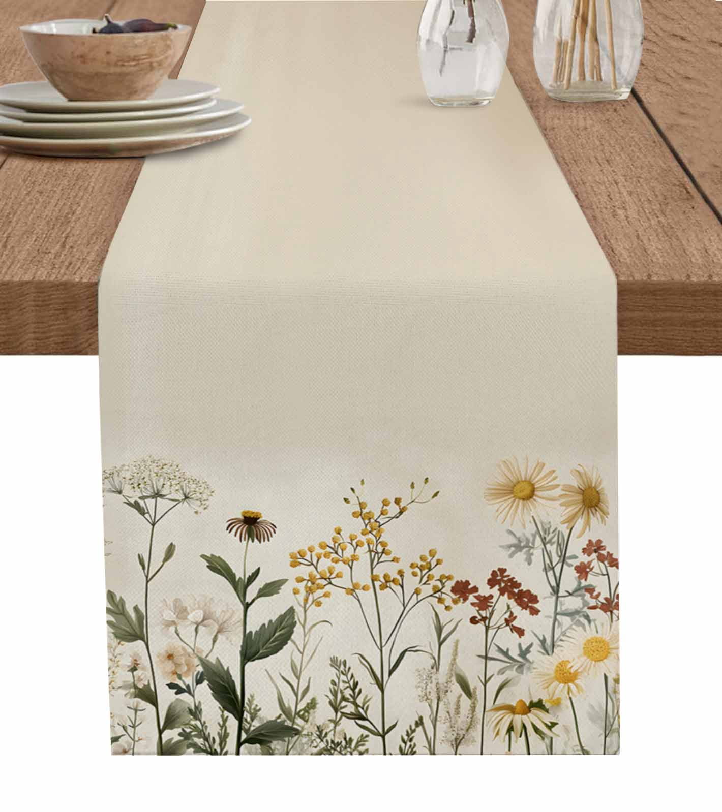 Botanical Table Runner 72 Inches, Retro Plant Wildflower Green Leaf ...