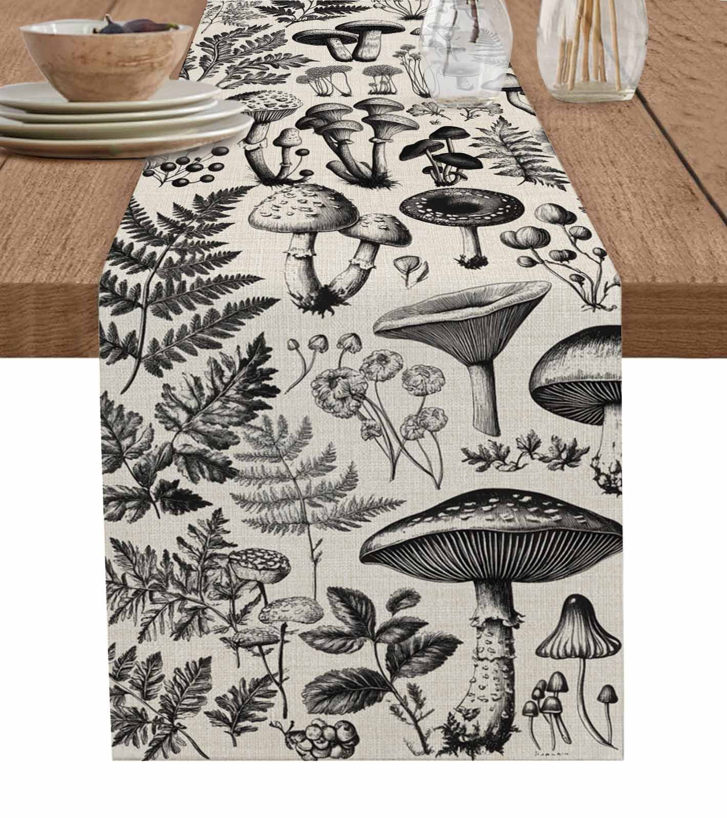 Botanical Table Runner 72 Inches, Vintage Mushroom Plant Herb Ferns ...