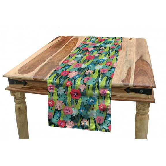 Garden Art Table Runner, Continuing Flora Items Mini Flowers and Leaves ...
