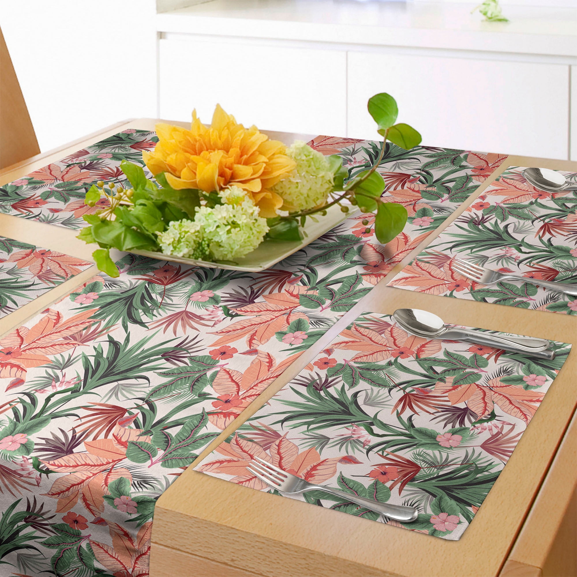 Botanical Table Runner & Placemats, Natural Theme Various Leaves ...