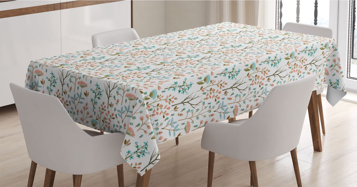 Botanical Tablecloth, Soft Toned Meadow Blooms and Herbs Composition ...