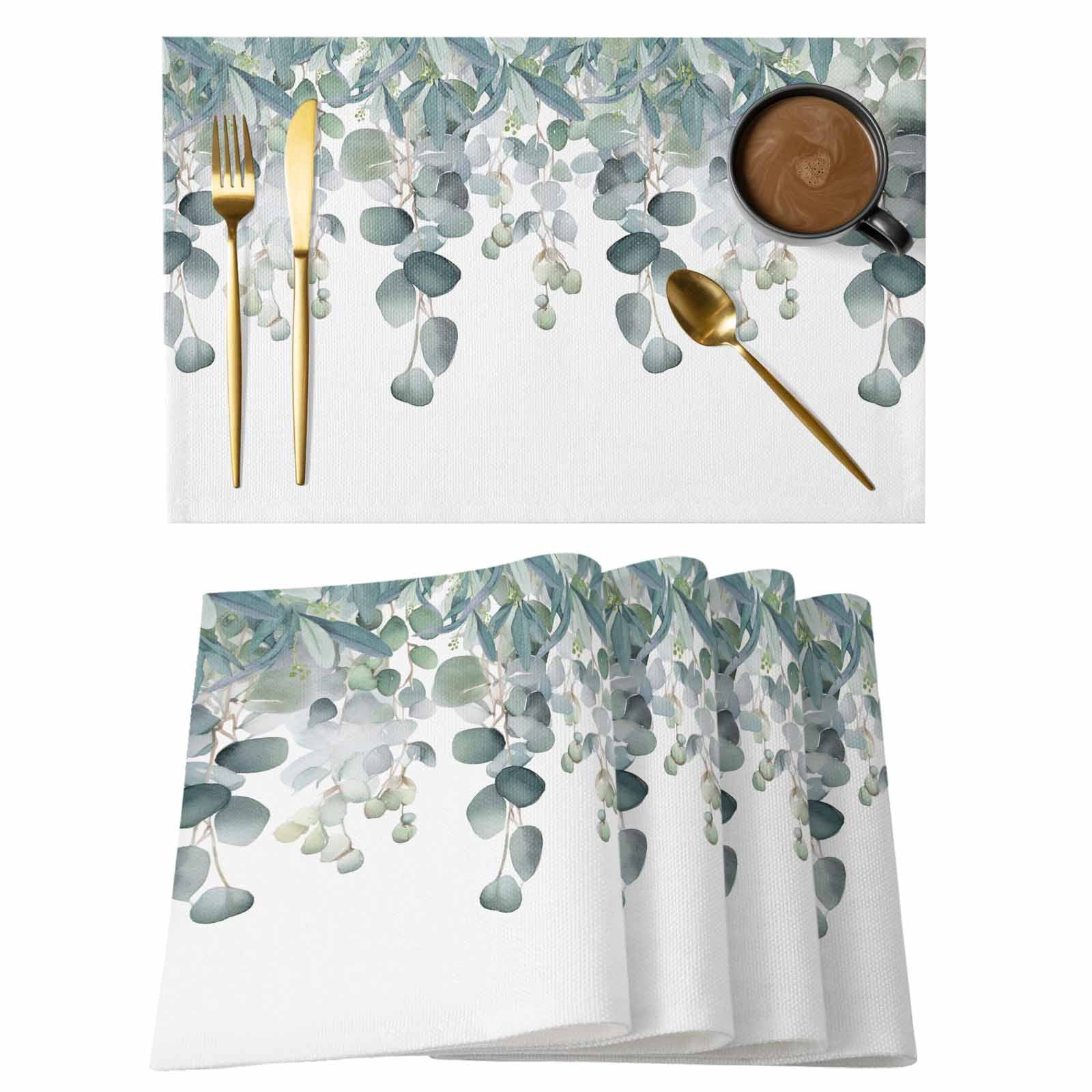 Botanical Teal Placemats Set of 2, Cotton Linen Fabric Place Mats ...