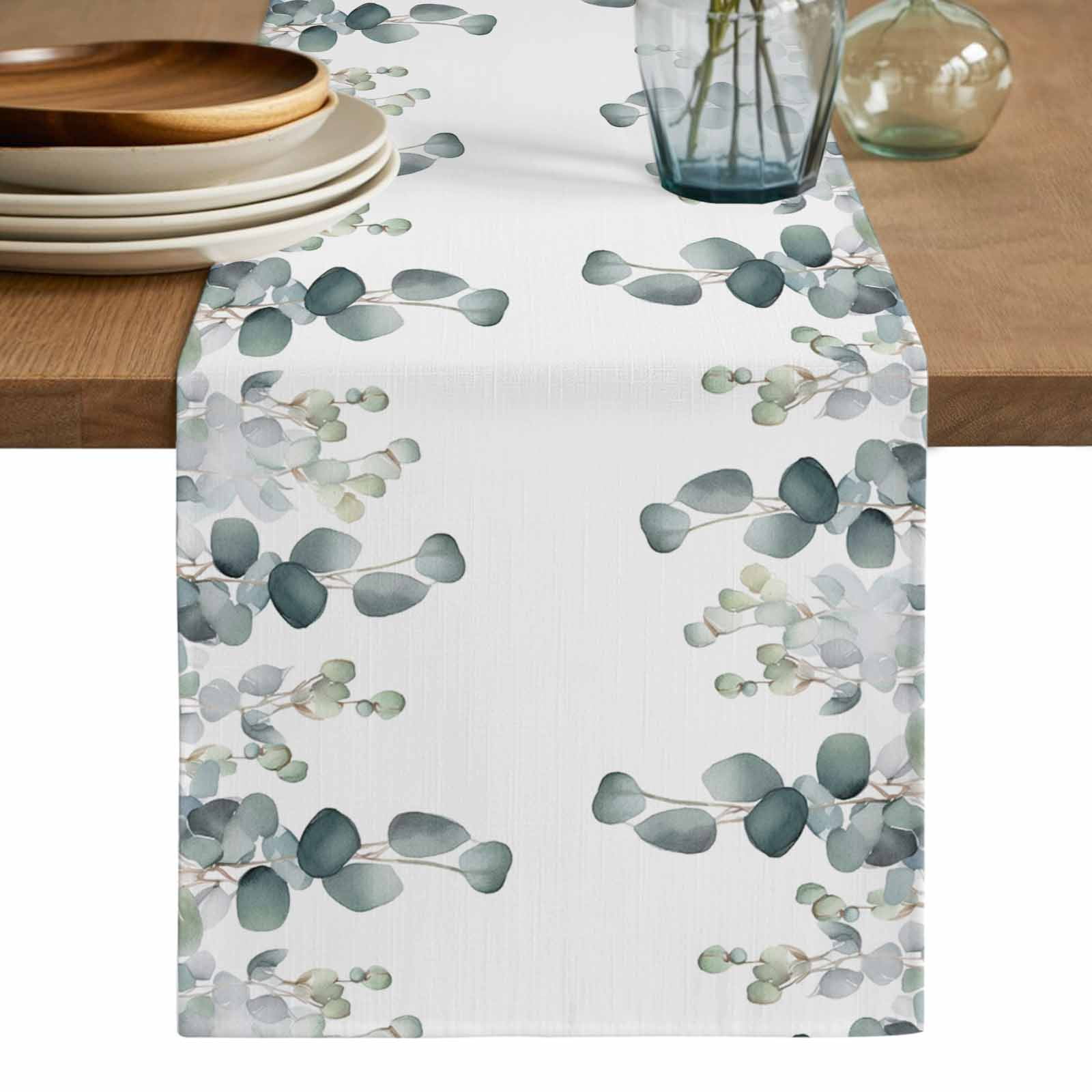 Botanical Teal Table Runner, Watercolor Eucalyptus Leaves Spring ...