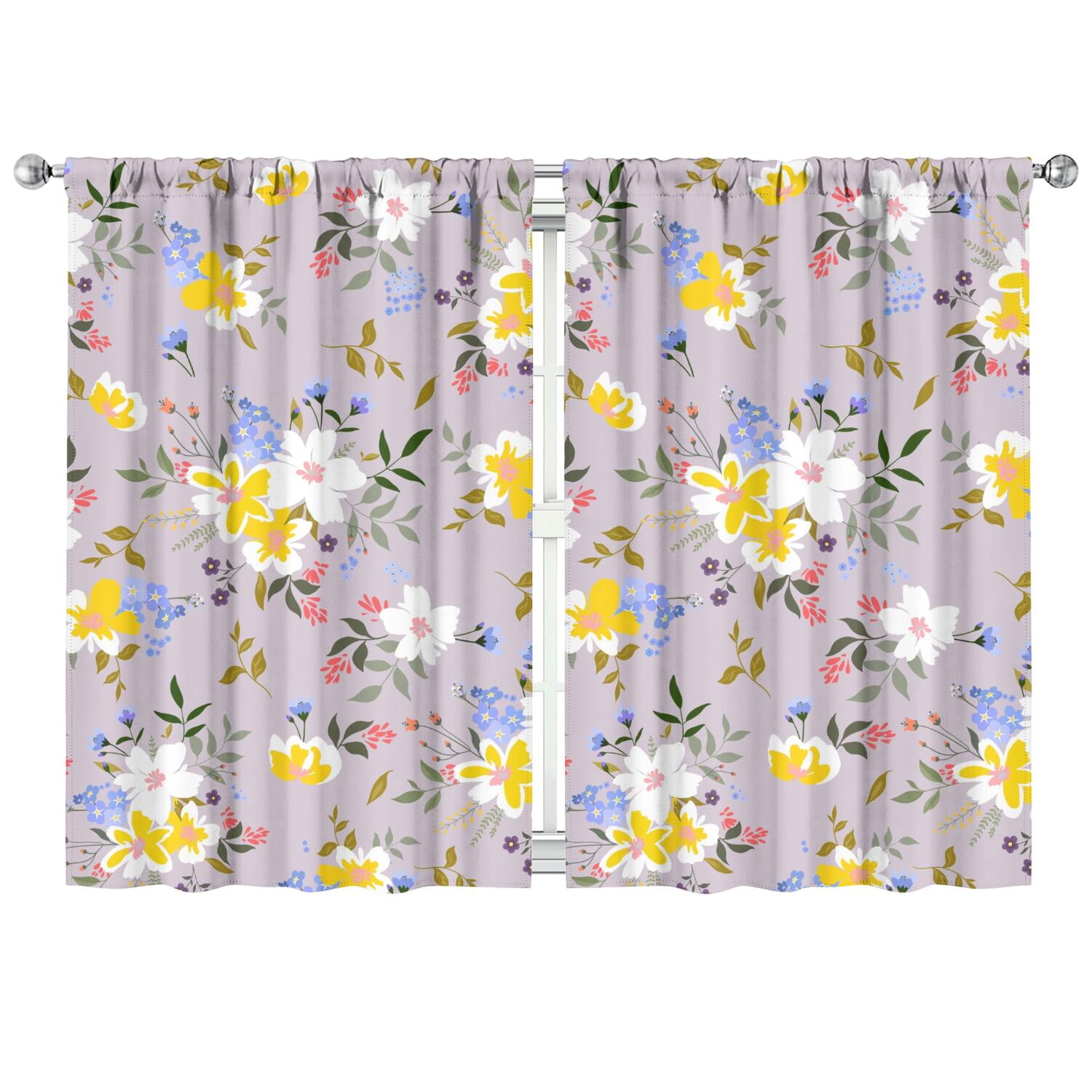 Botanical Theme Kitchen Curtains Set - Tropical Leaves and Bloom Print 2 Tier Panels 42x63, Rod ...
