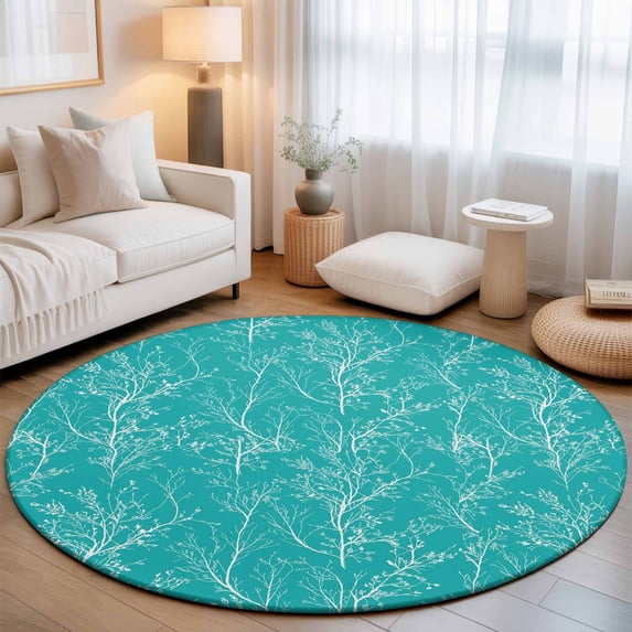 Botanical Tree Branch on Teal Round Rug 5ft Abstract White Plant ...