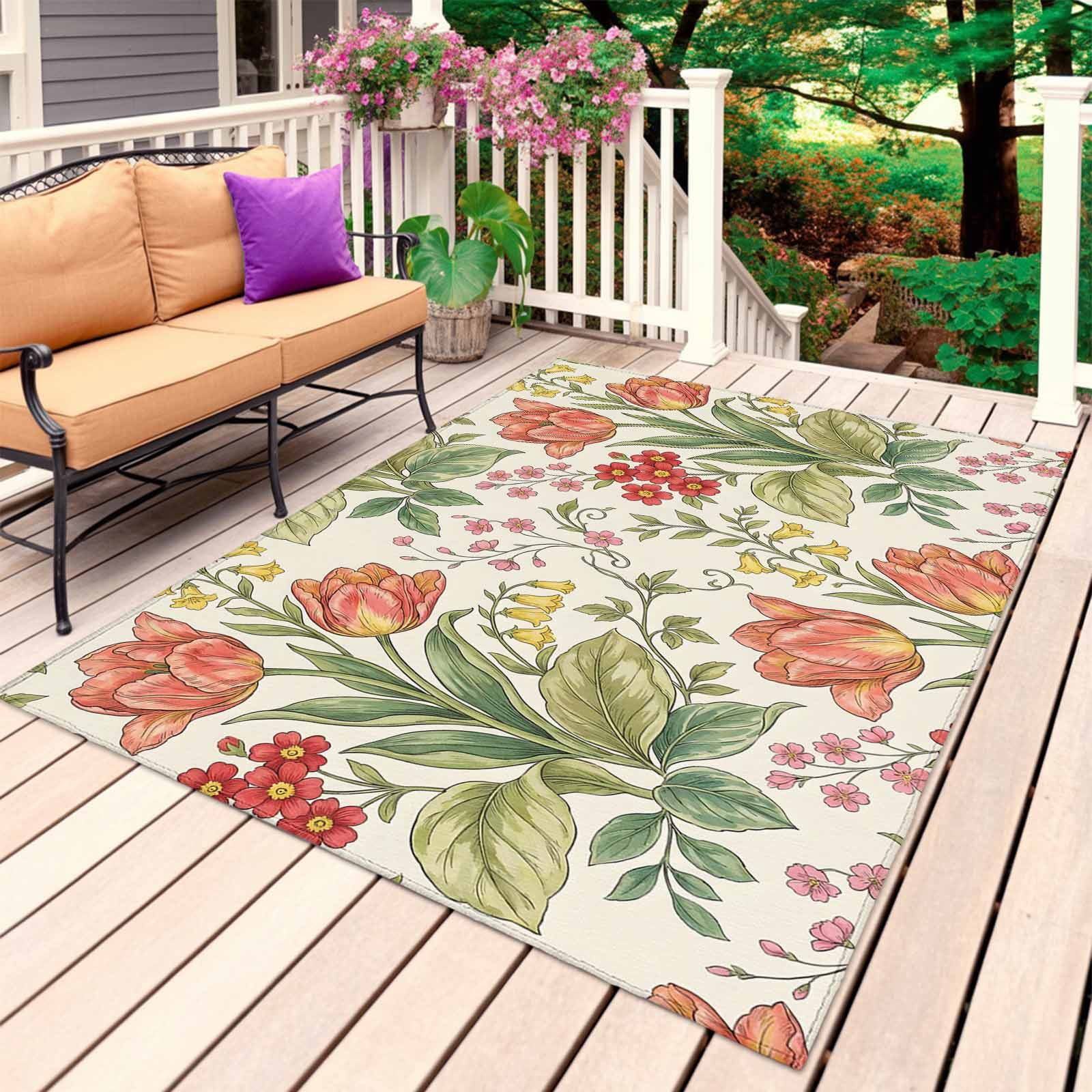 Botanical Tulip Outdoor Rug 5x8 Ft, Non Slip Washable Area Rug ...