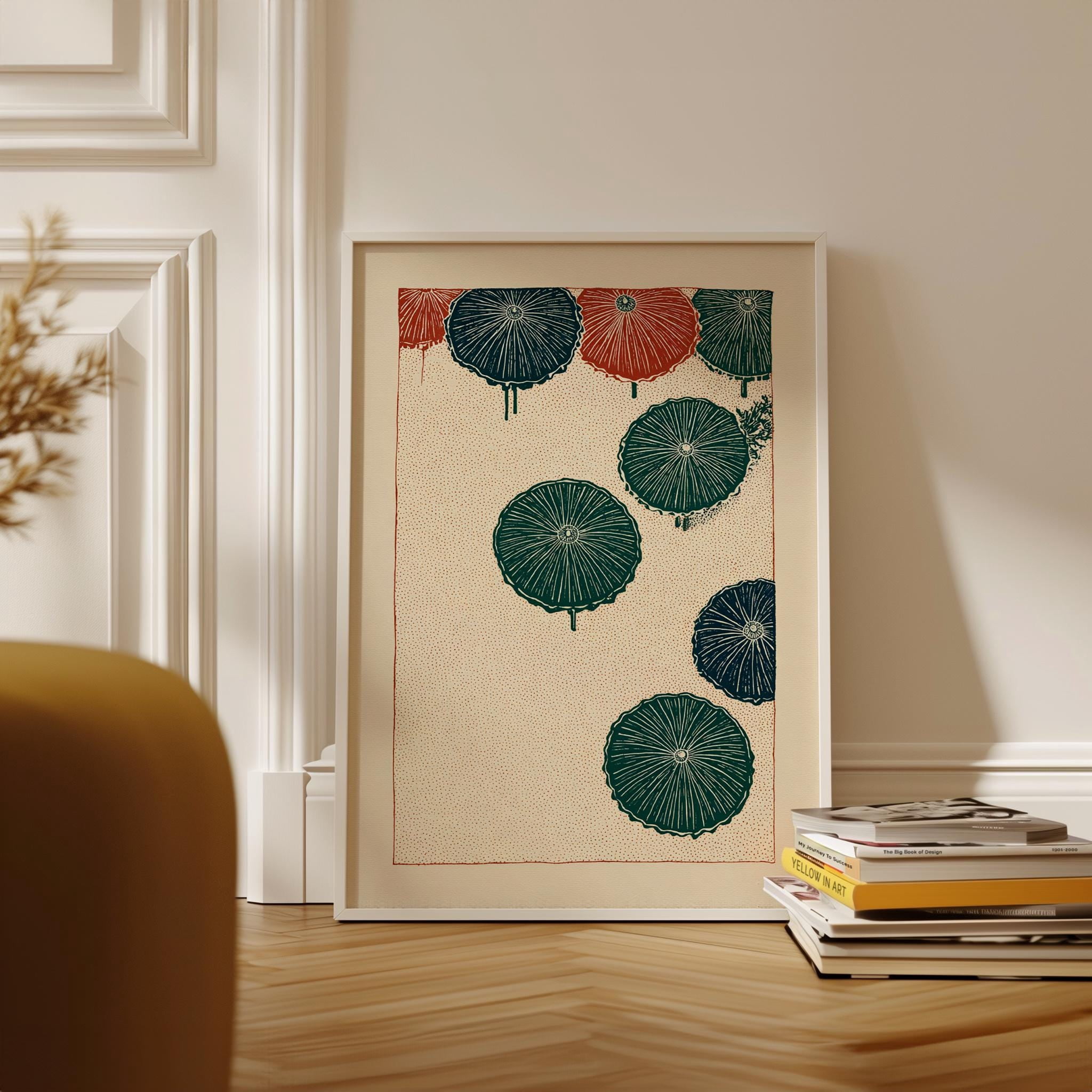 Botanical Umbrella Poster, Japanese Line Art In Green And Rust Tones ...