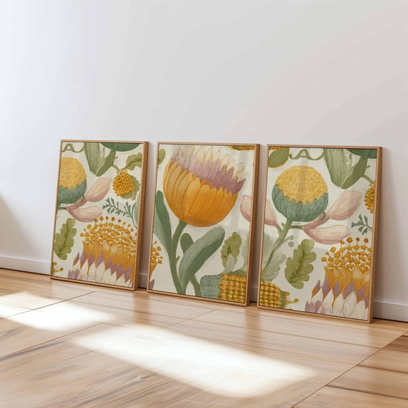 Botanical Vintage Floral Illustration Boho Home Decor Set 3 Stretched ...