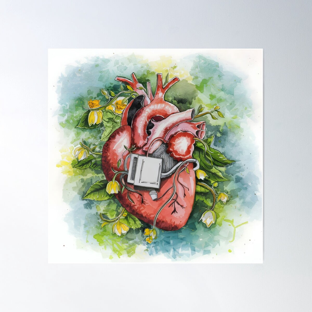 Botanical Vitality: Watercolor Heart With Pacemaker Accent Poster Wall ...