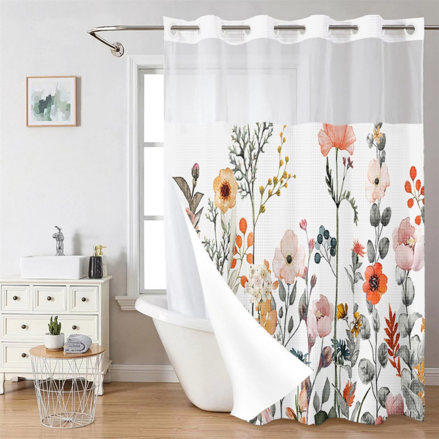 Botanical Waffle Weave Hookless Shower Curtain with Snap-in Liner ...