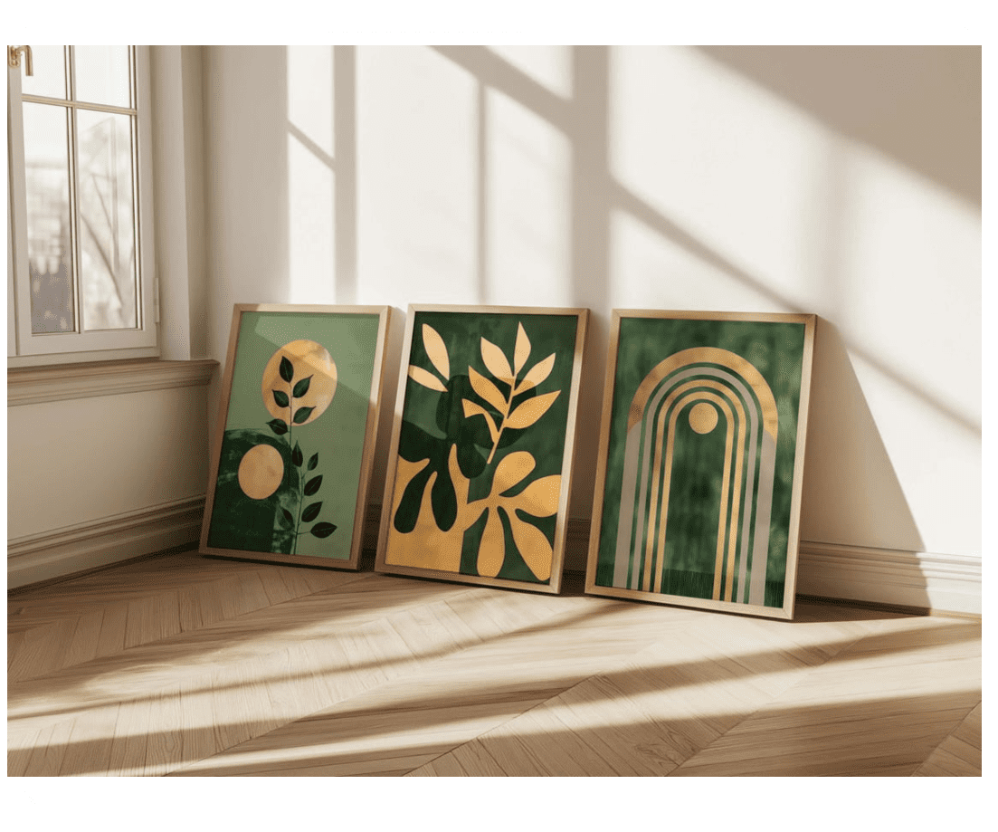 Botanical Wall Art Sage Green Abstract Prints with Gold Accents Set 3 ...