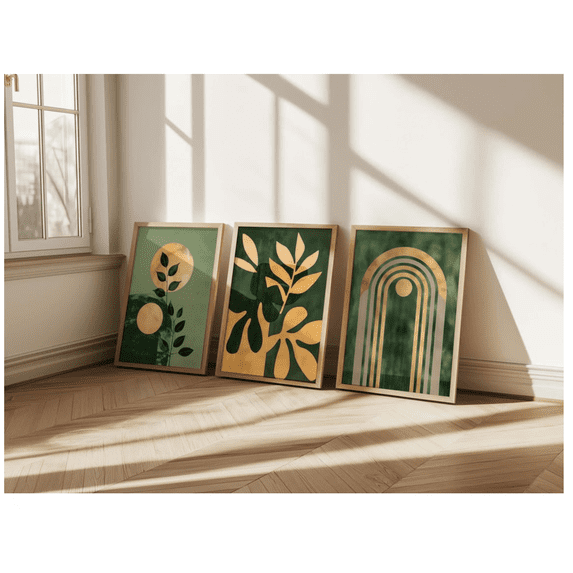 Botanical Wall Art Sage Green Abstract Prints with Gold Accents Set 3 ...