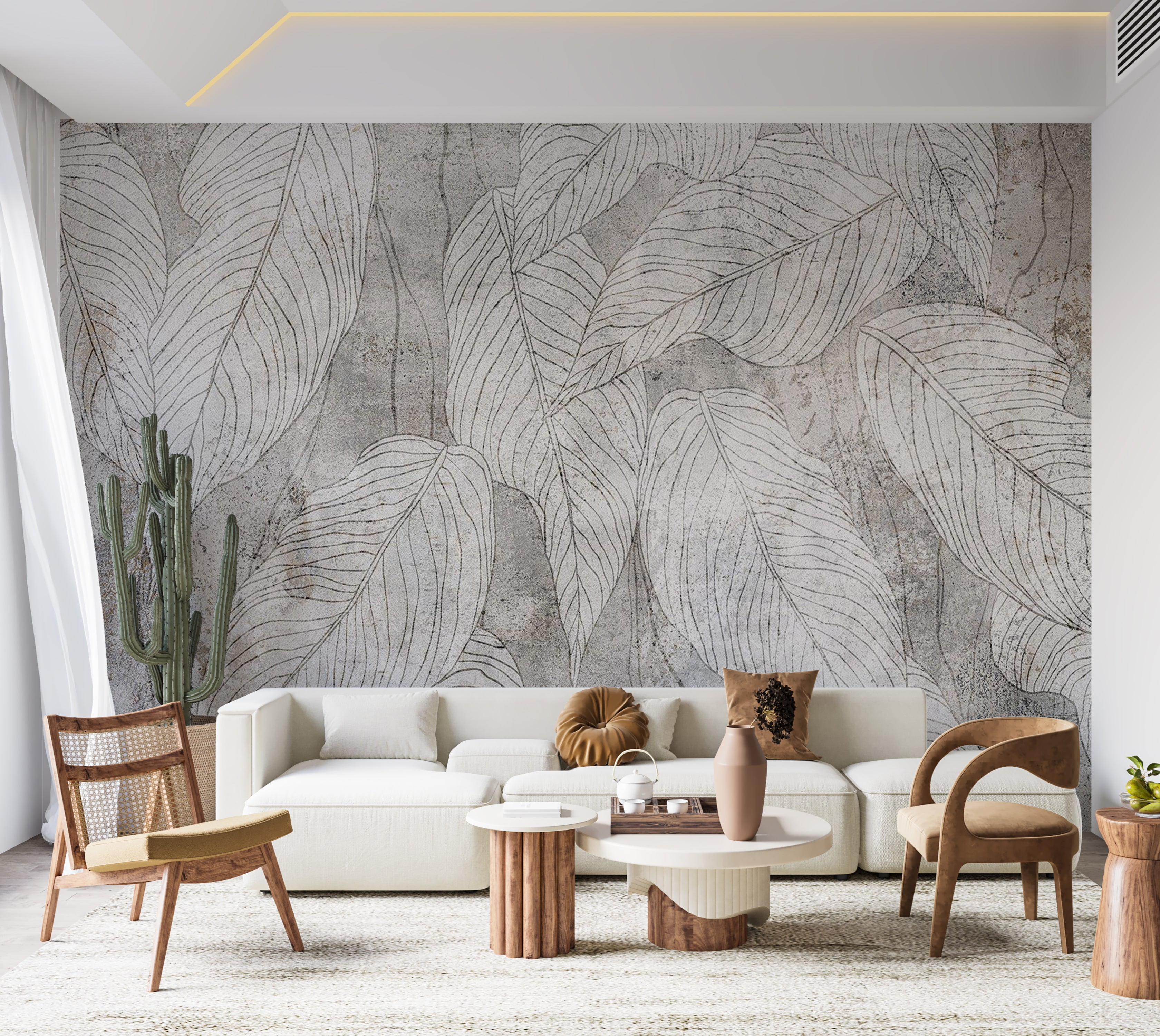 Botanical Wallpaper Wall Mural - Modern Leaf Line Art - Walmart.com