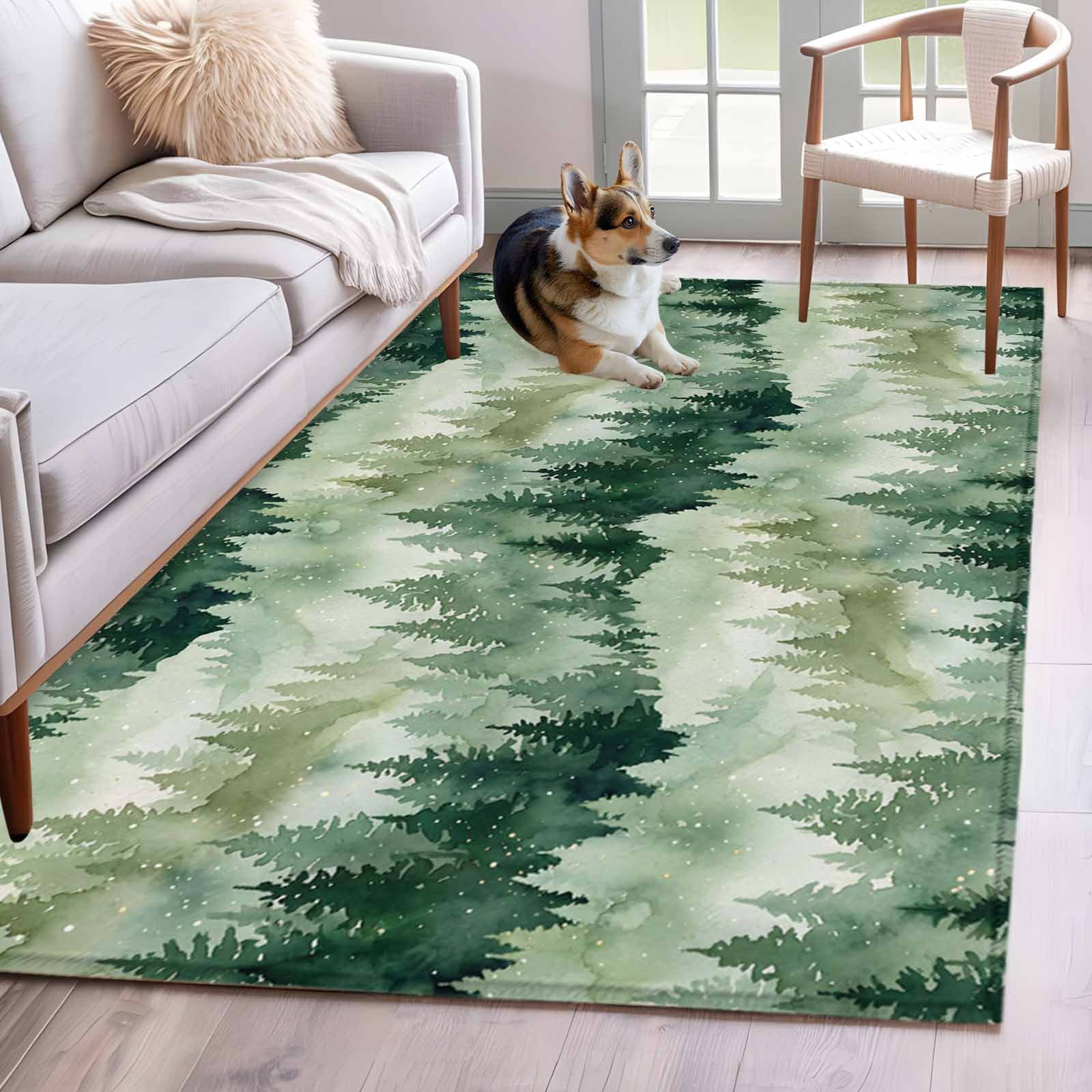 Botanical Washable Area Rugs 4'x6', Spring Watercolor Green Trees ...