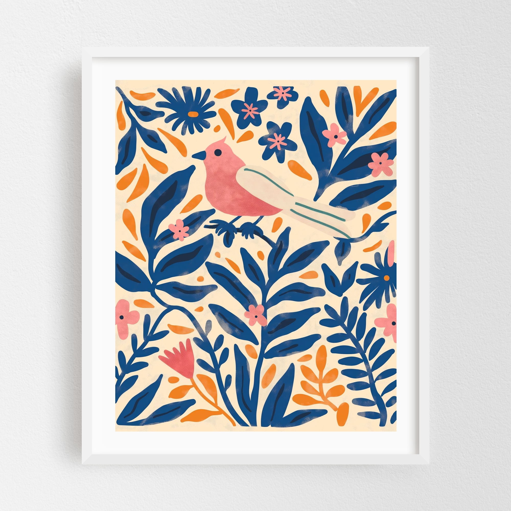 Botanical Whisper Pink Bird and in a Blue Garden - Illustration Bird ...