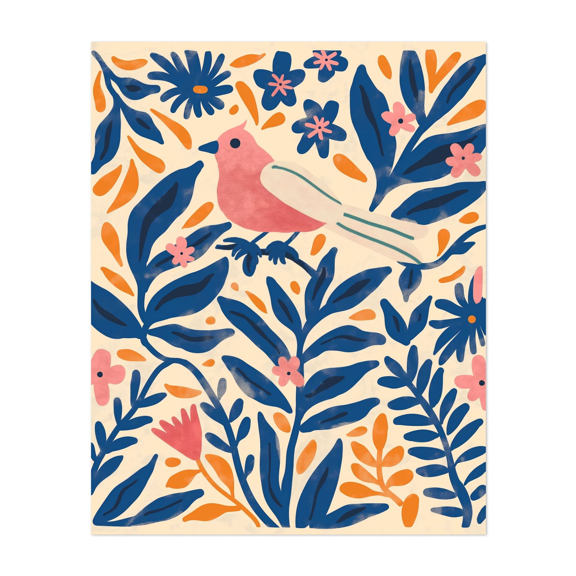 Botanical Whisper Pink Bird and in a Blue Garden - Illustration Bird ...