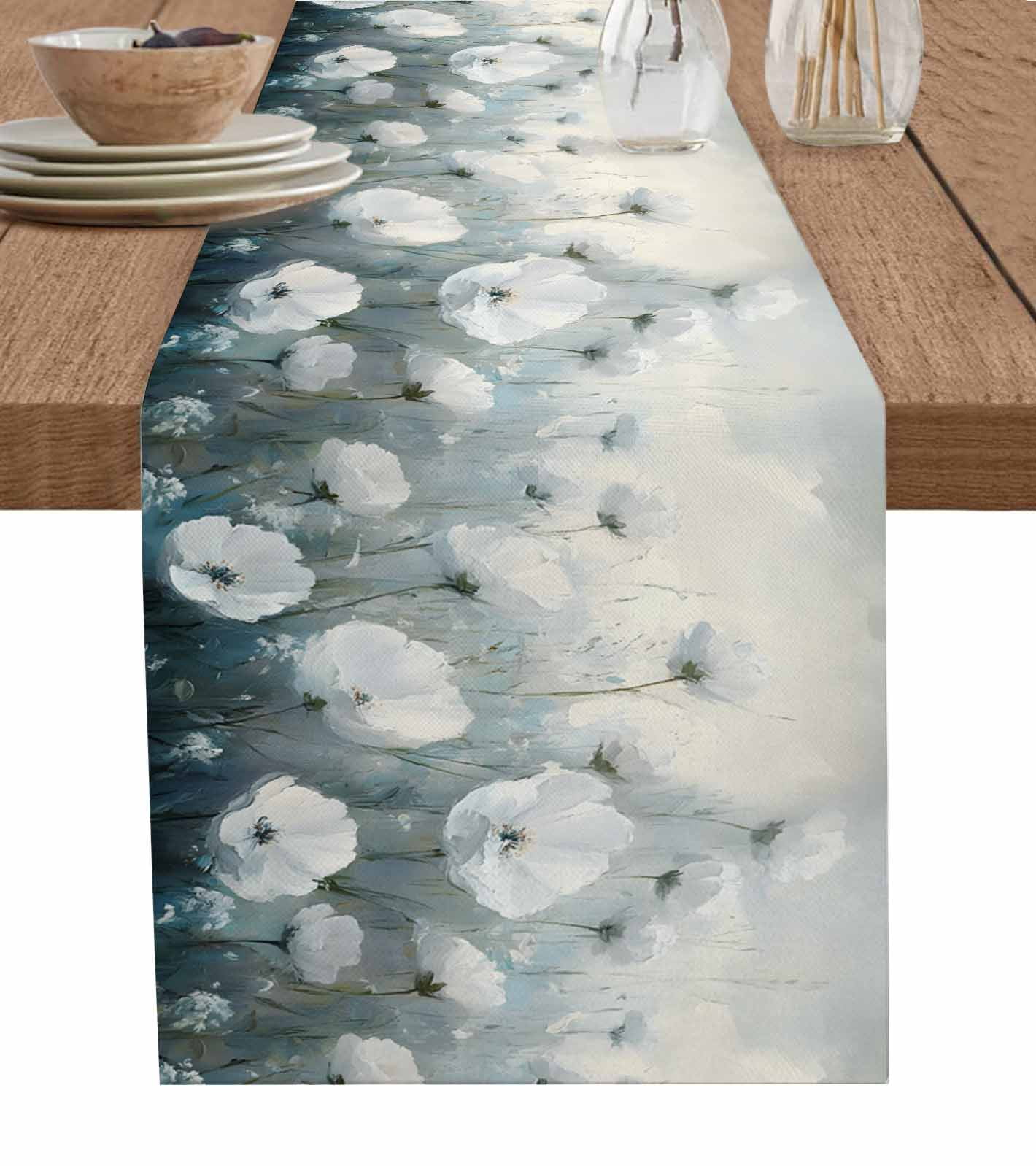 Botanical White Floral Burlap Cotton Table Runner 13x108 Inches Long ...