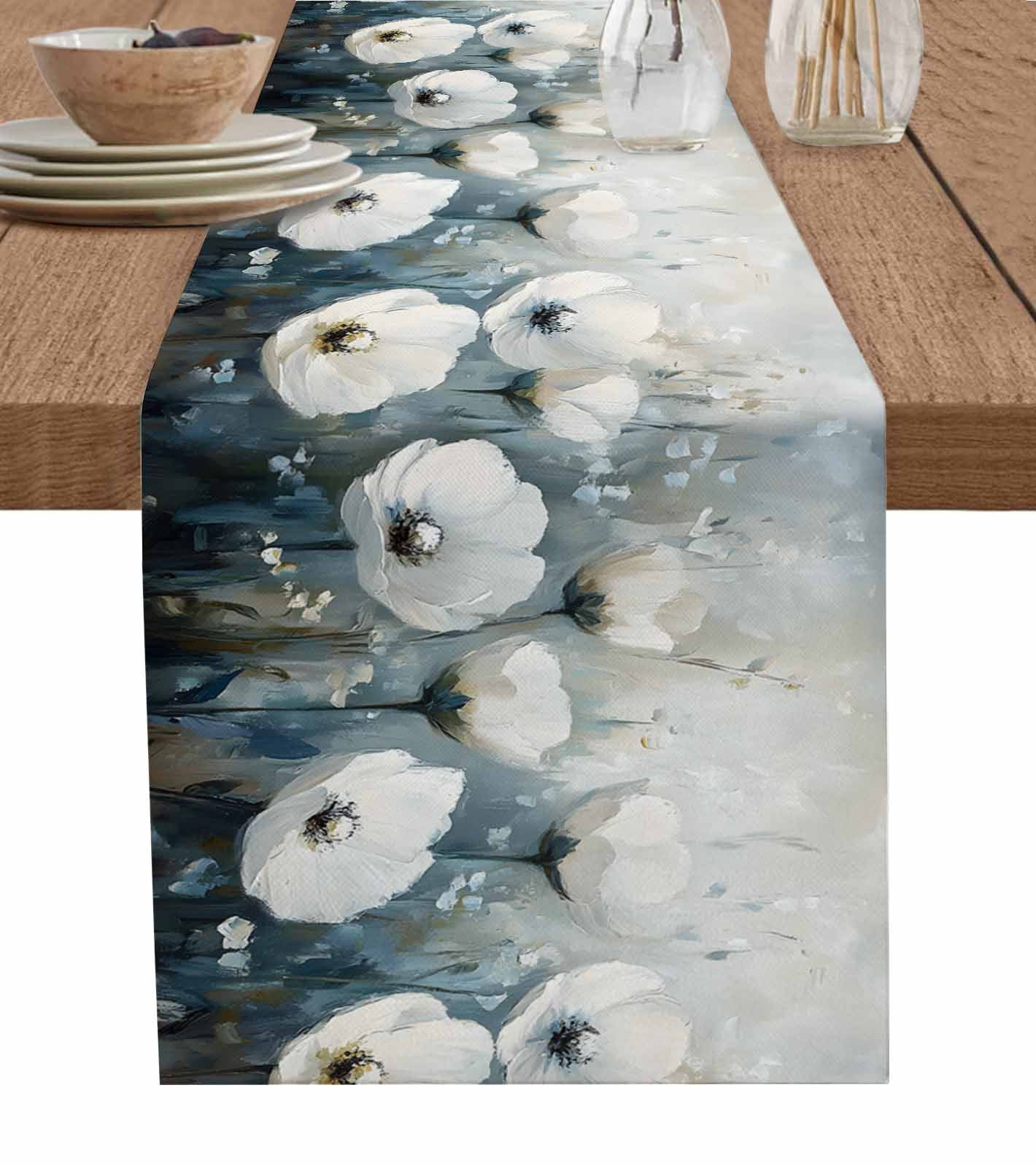 Botanical White Floral Burlap Cotton Table Runner 16x72 Inches Long ...