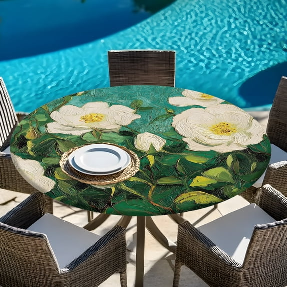 Botanical White Floral Green Leaves Round Fitted Tablecloth with ...