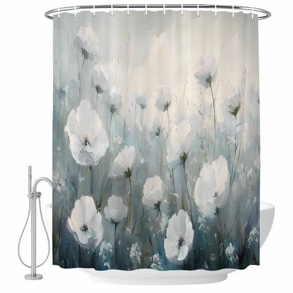 Botanical White Floral Shower Curtain Set - Standard 72" x 72" Washable ...