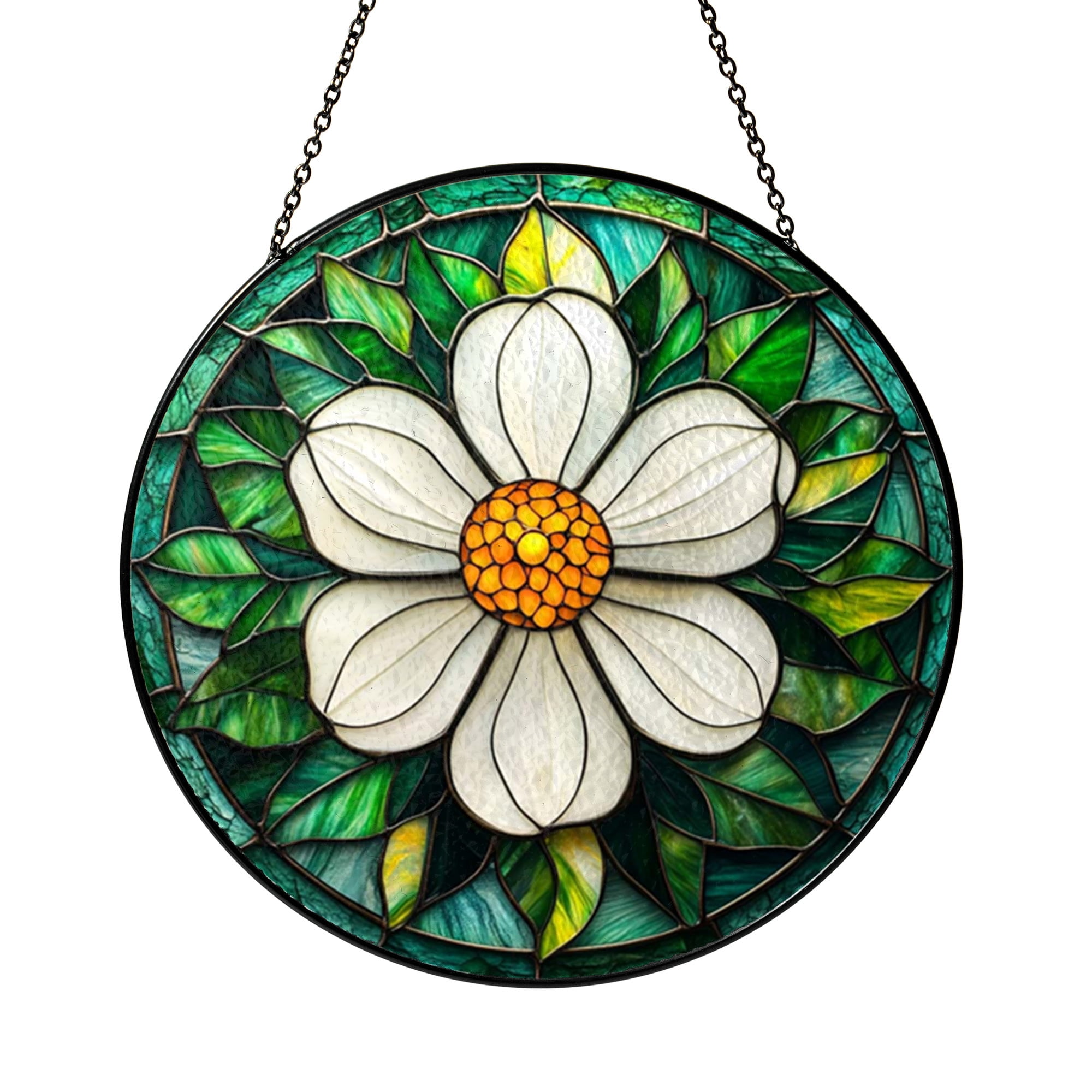 Botanical White Flower Stained Glass Style Suncatcher – Round Window ...