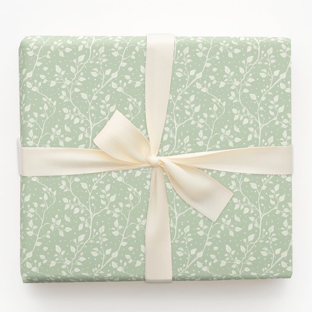 Botanical White Vine and Leaf Pattern Sage Green Gift Wrapping Paper ...