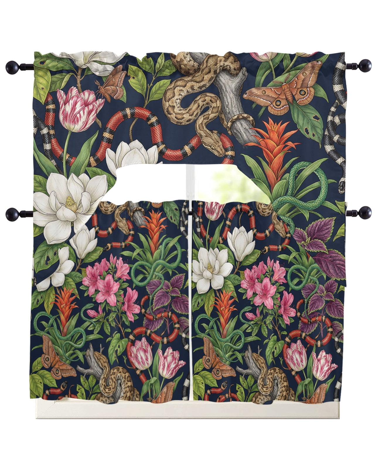 Botanical Wildflowers Kitchen Curtains Set for Windows 3 Piece Cafe ...