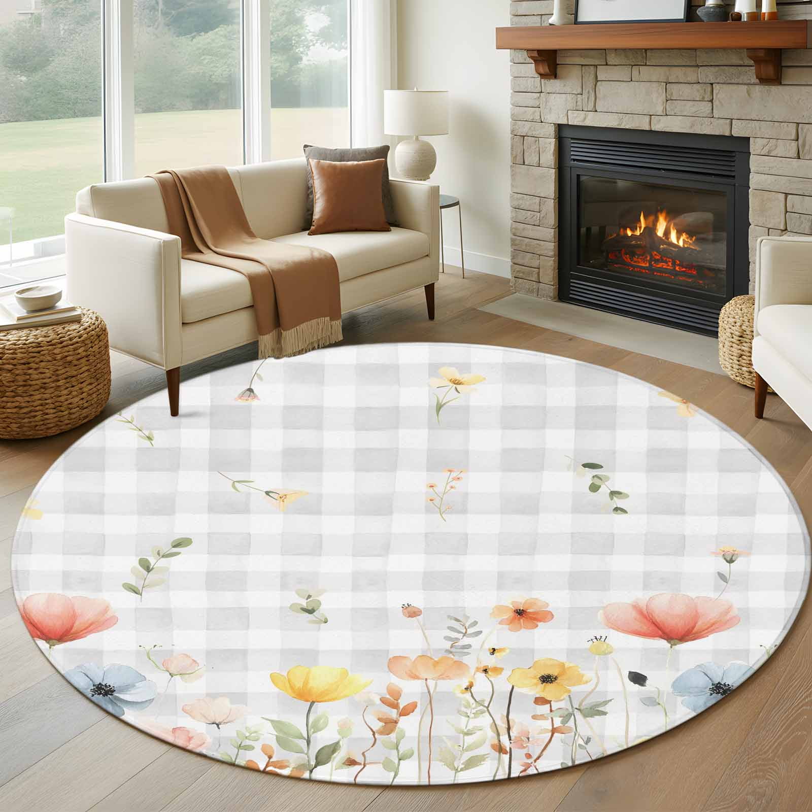 Botanical Wildflowers Round Rug 6ft Washable Circle Kitchen Rugs Non ...