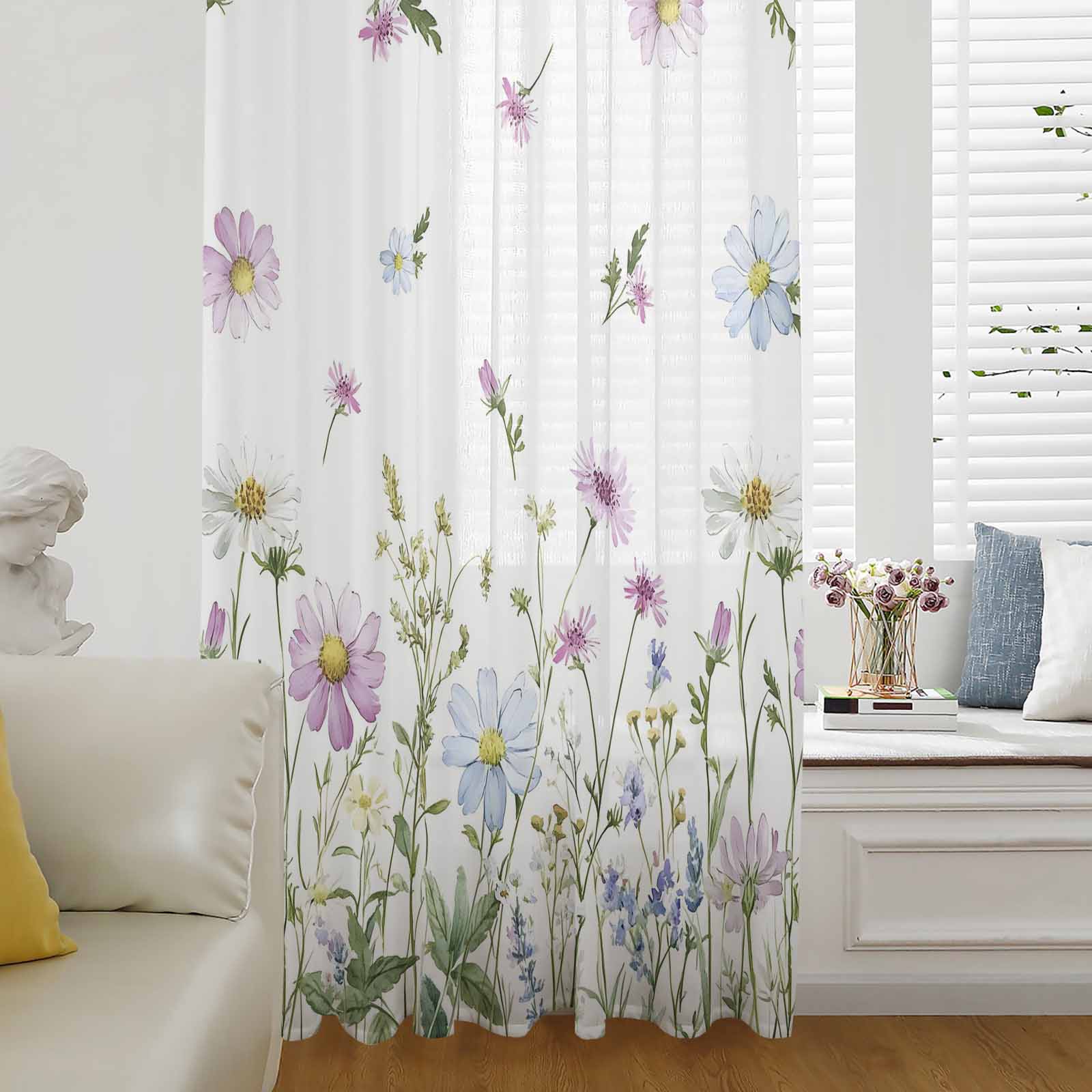 Botanical Window Curtain 96 Inches Long,Blue Pink Daisy Floral ...