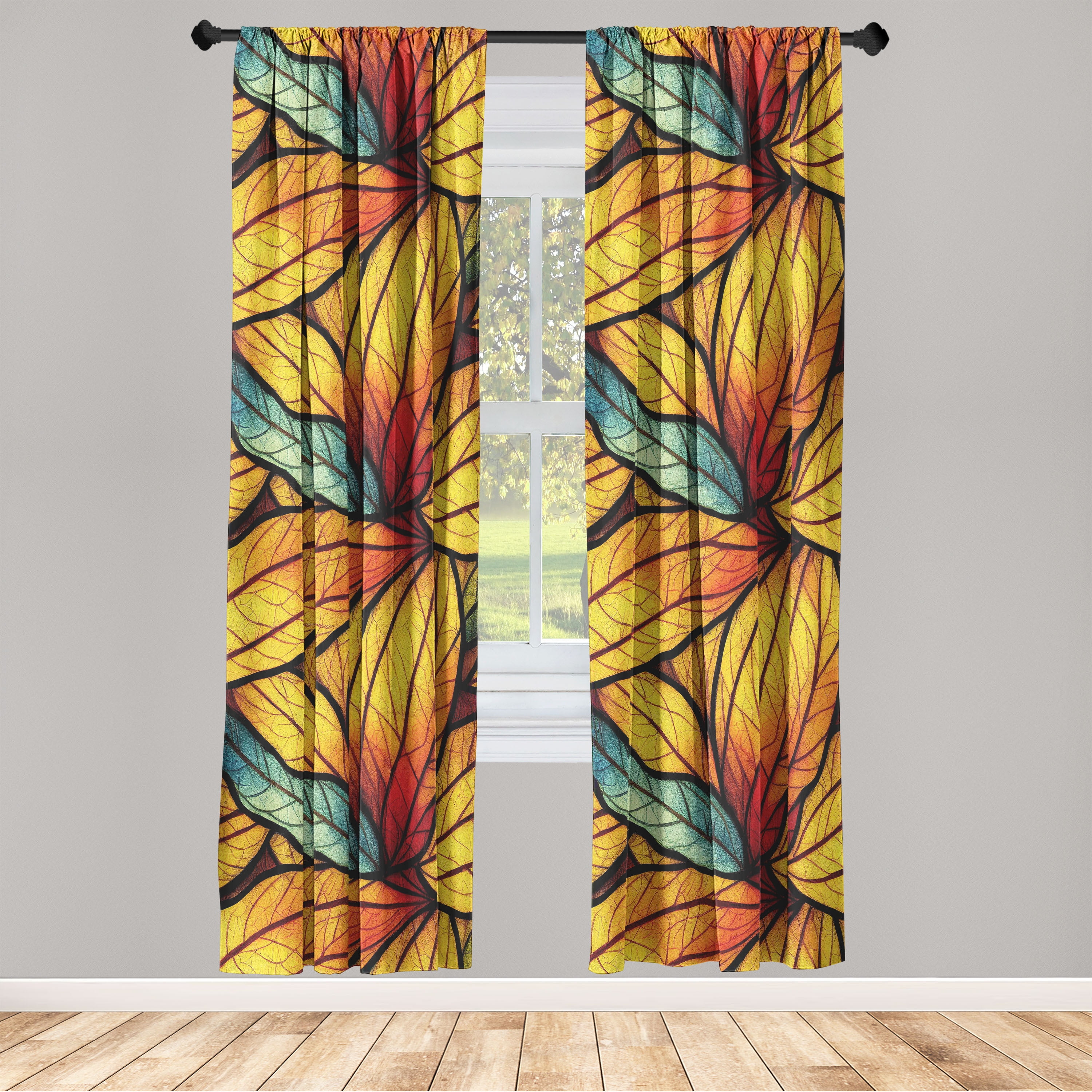 Botanical Window Curtains, Close Up Illustration of the Autumn Leaves ...