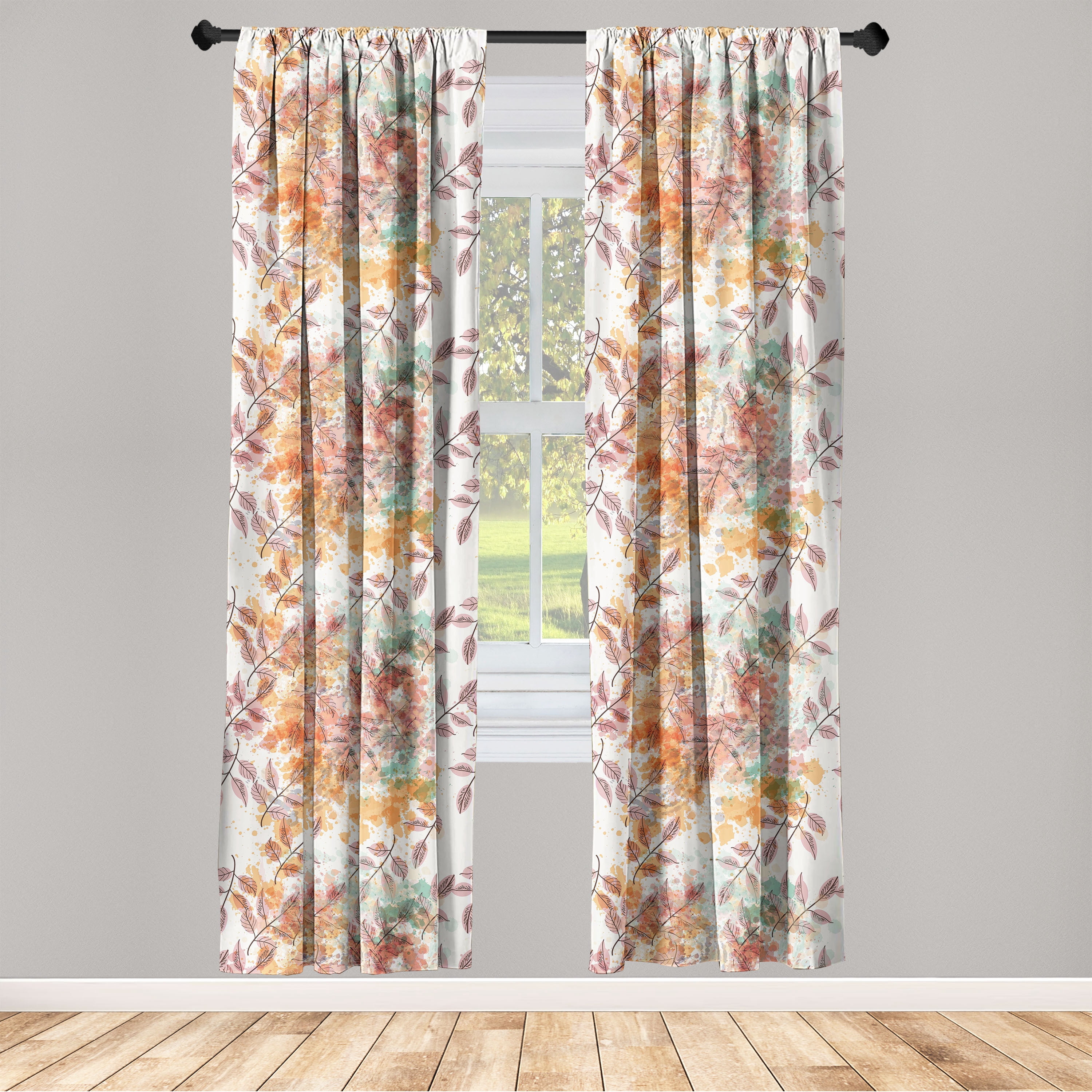 Botanical Window Curtains, Fall Inspired Leaves Branches with Splatter ...