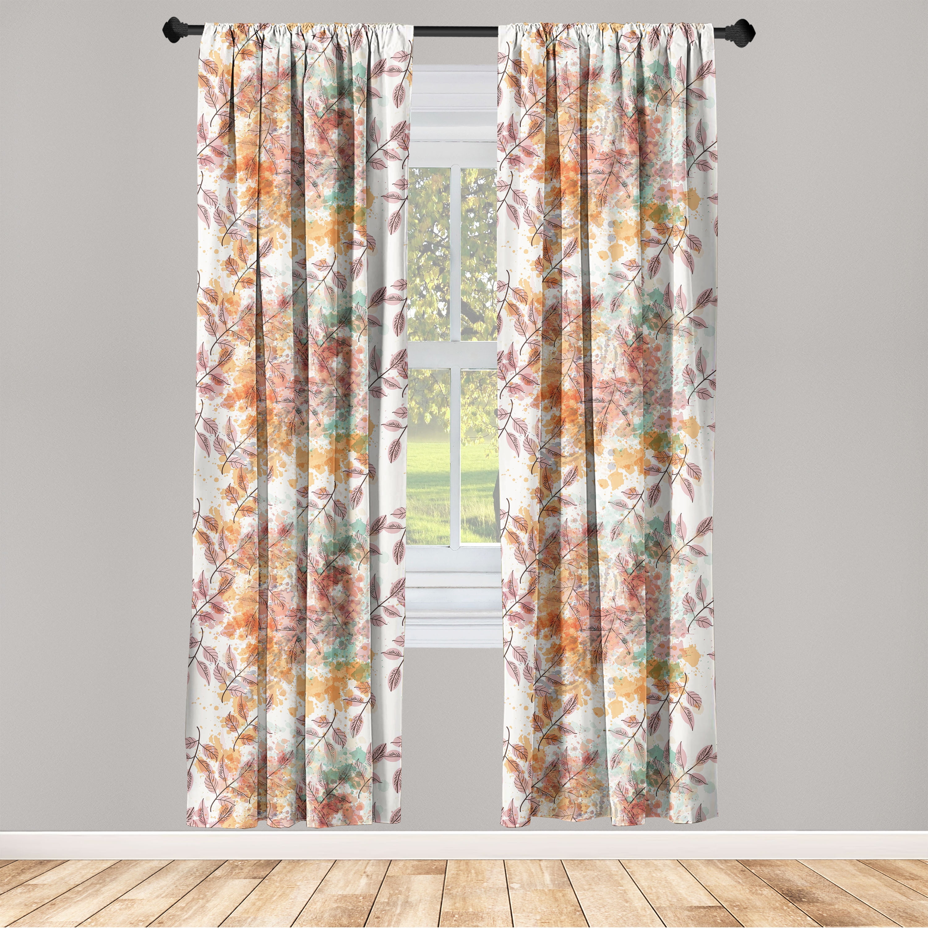 Botanical Window Curtains, Fall Inspired Leaves Branches with Splatter ...