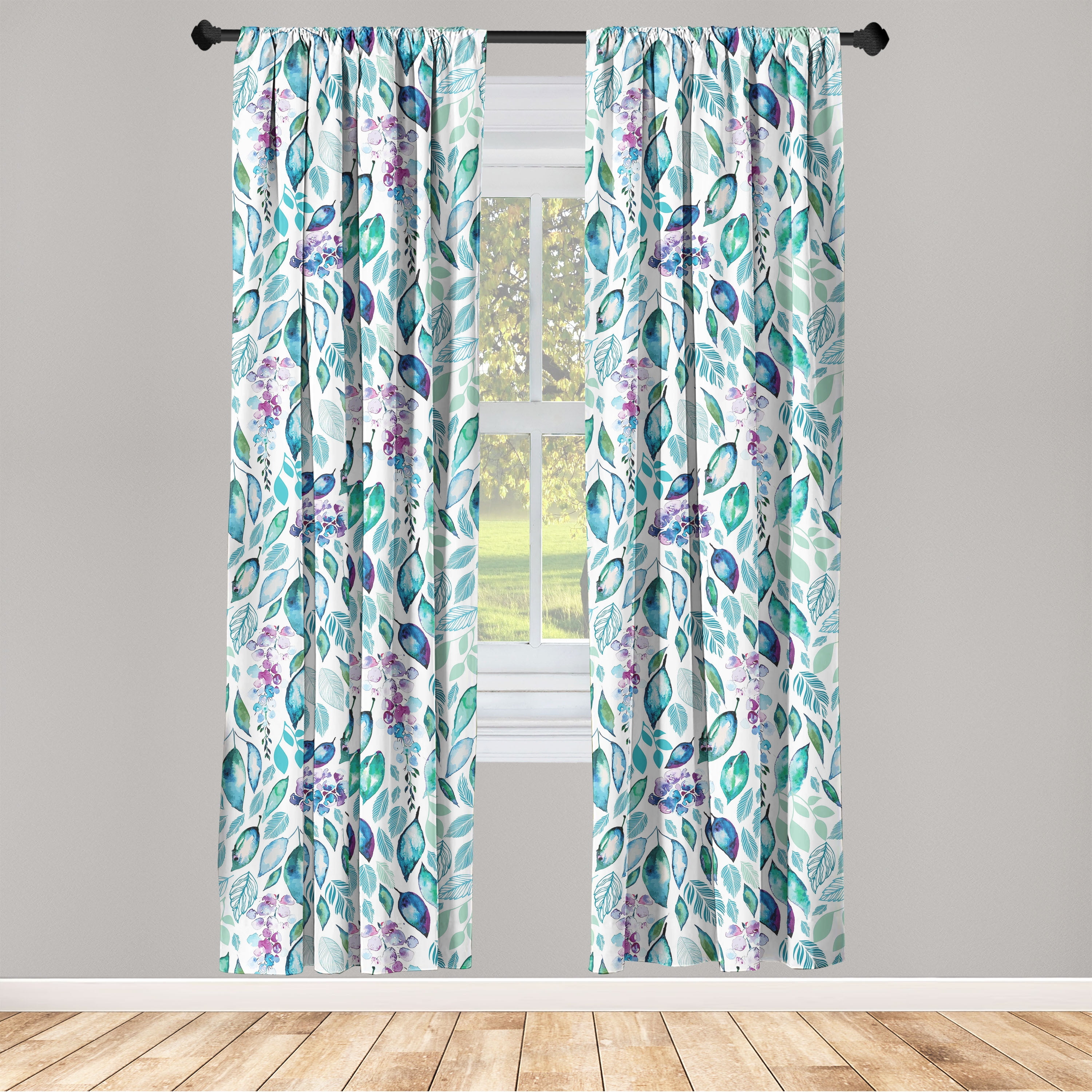 Botanical Window Curtains, Garden Themed Watercolor Style Leaf Prints ...