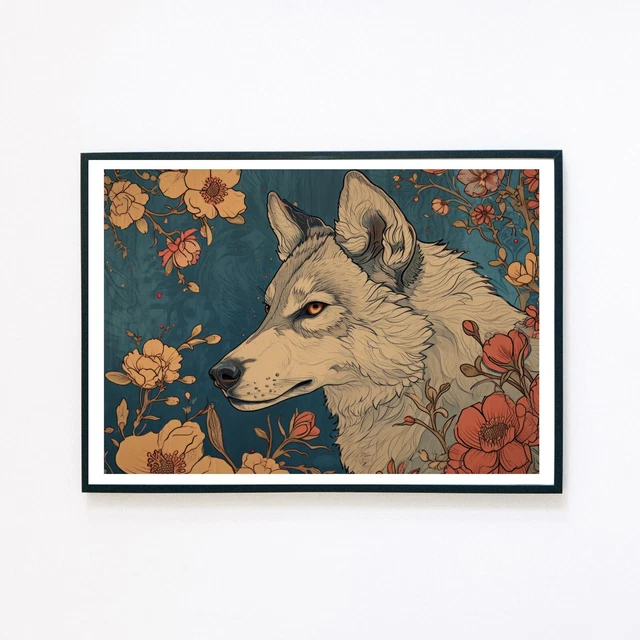Botanical Wolf Flowers Portrait Tattoo Colour Illustration A4 Wall Art ...